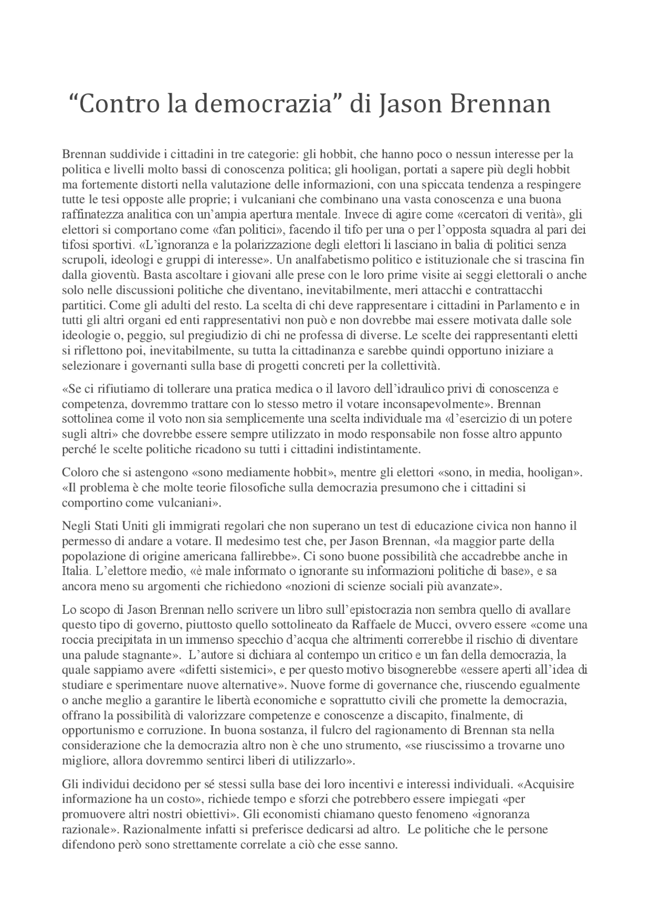 Riassunto Di Contro La Democrazia Di Jason Brennan Docsity