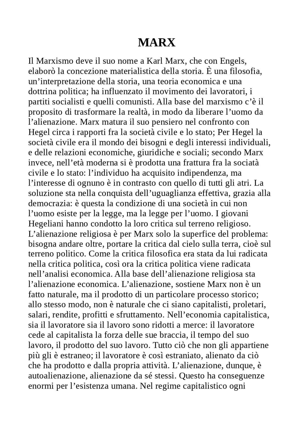Riassunto Di Filosofia Di Marx Docsity