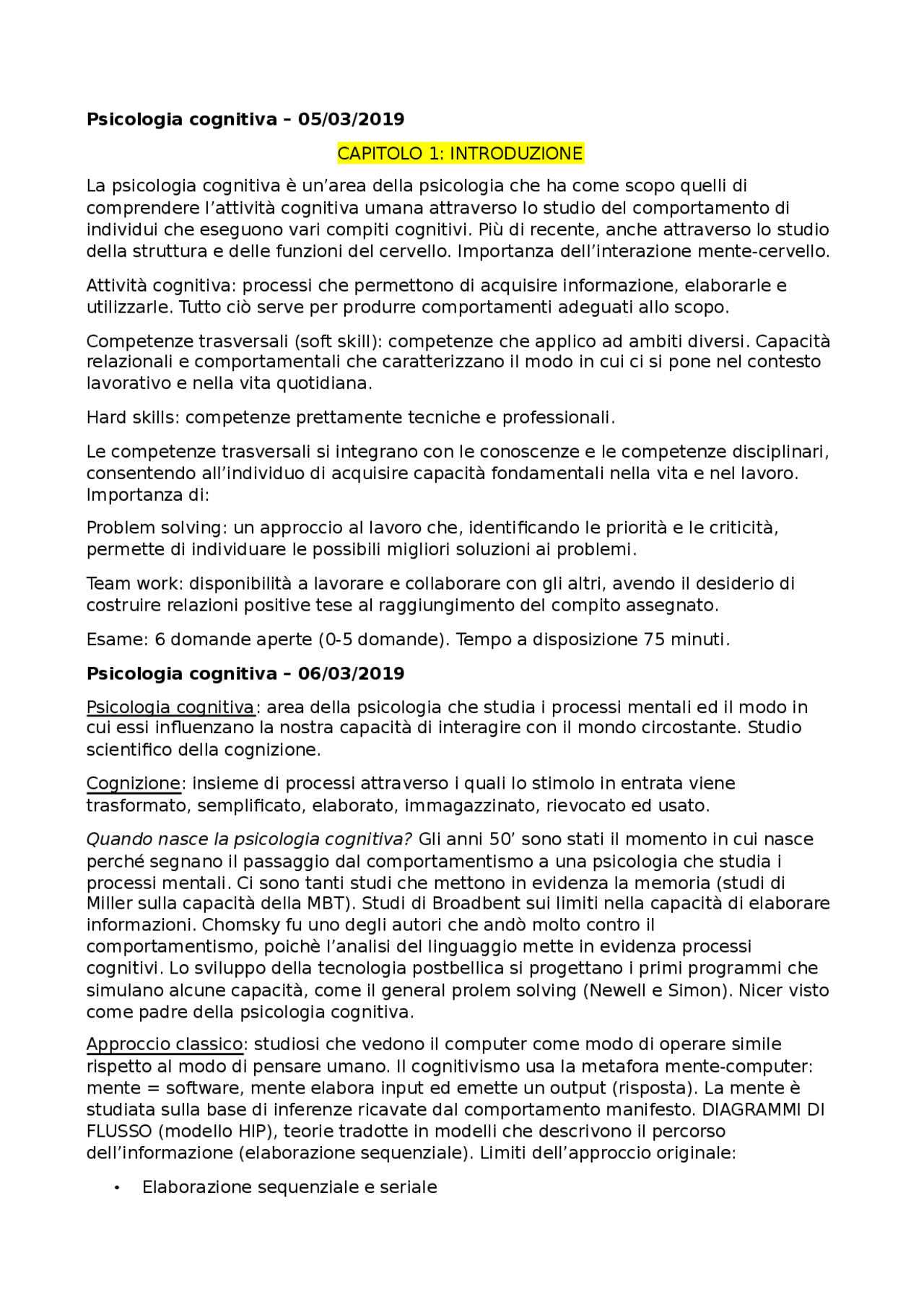 Appunti Lezioni Psicologia Cognitiva Docsity