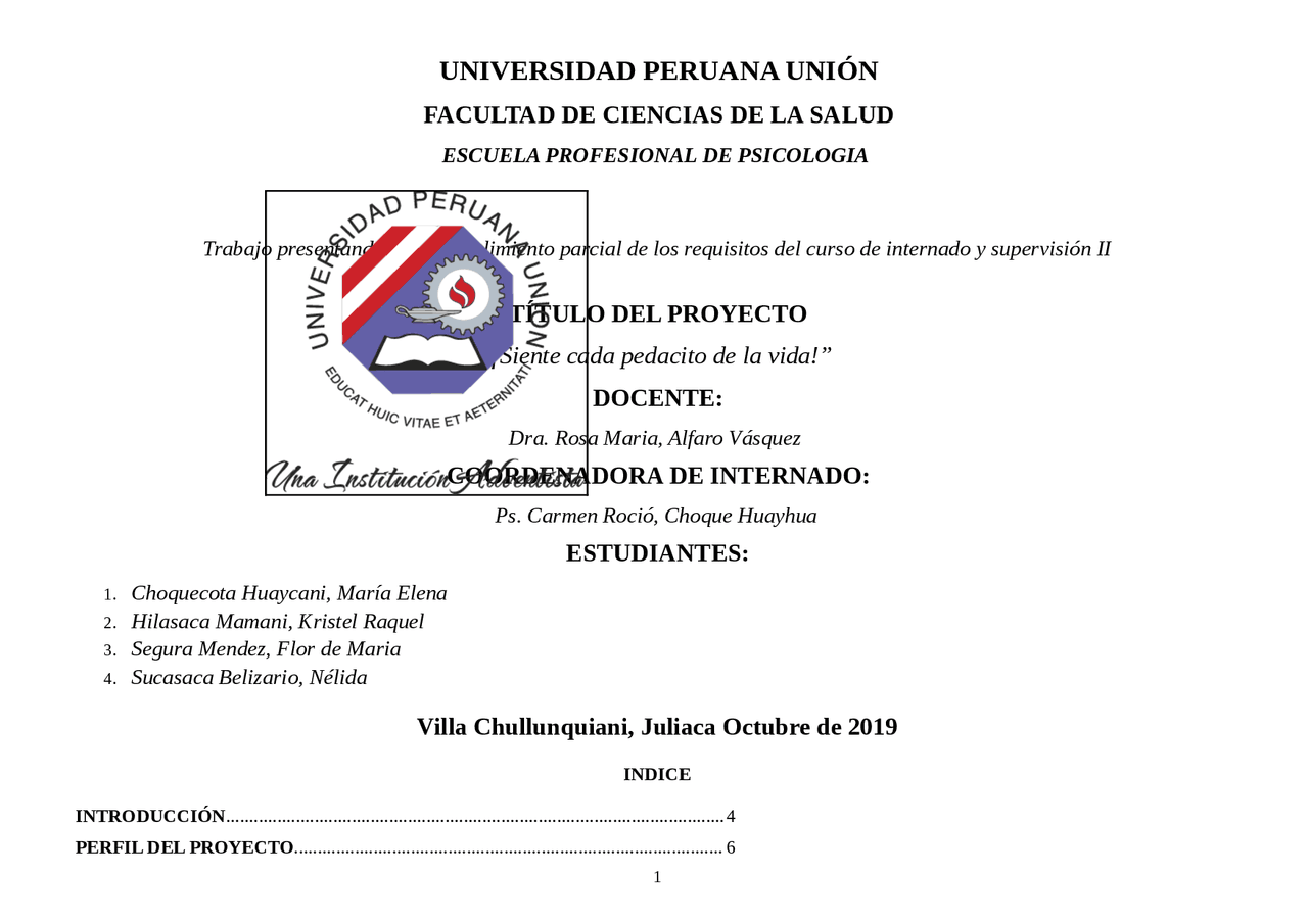 MODELO DE PROYECTO COMUNITARIO PSICOLOGIA - Docsity