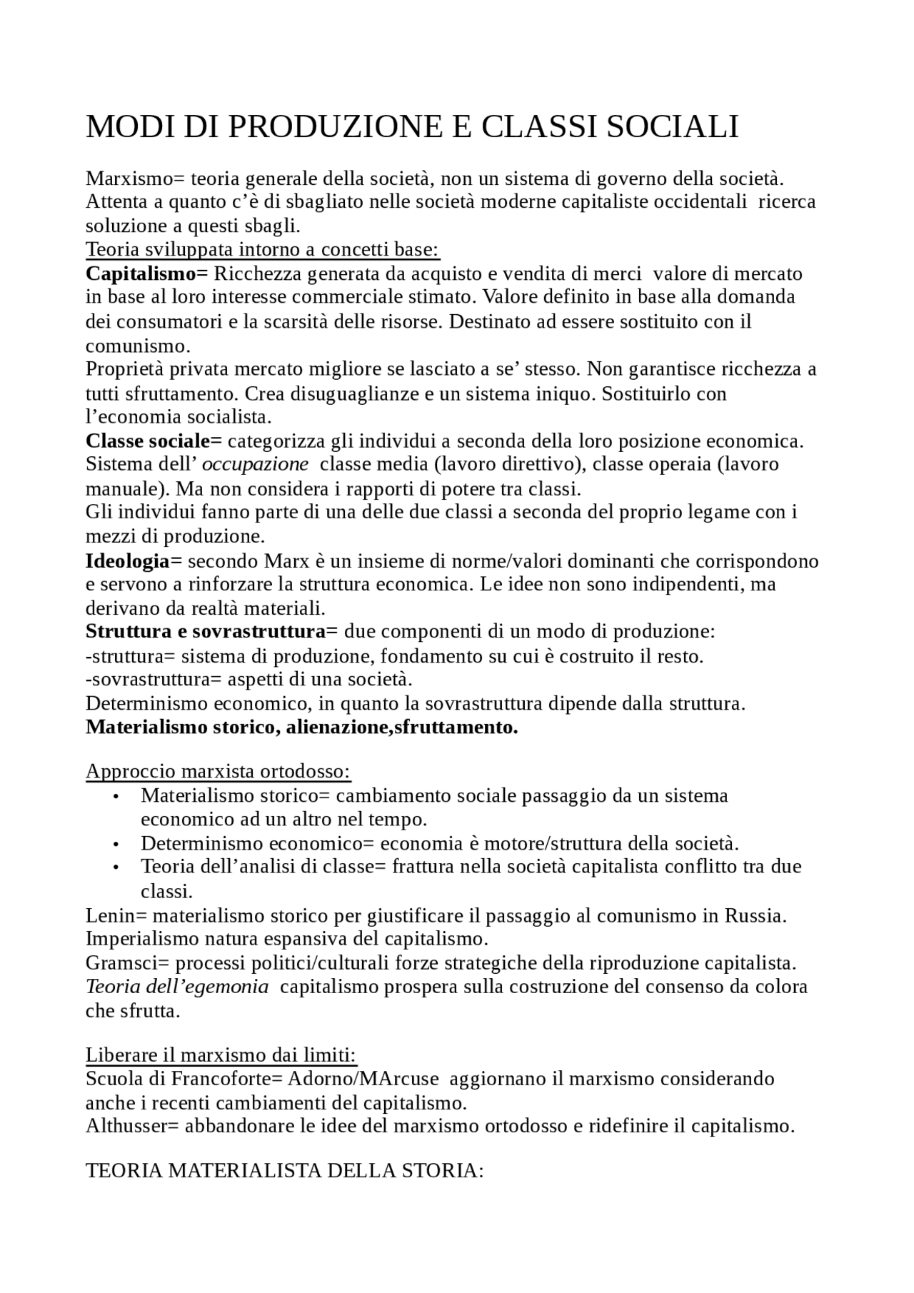 Modi di produzione e classi sociali - Docsity