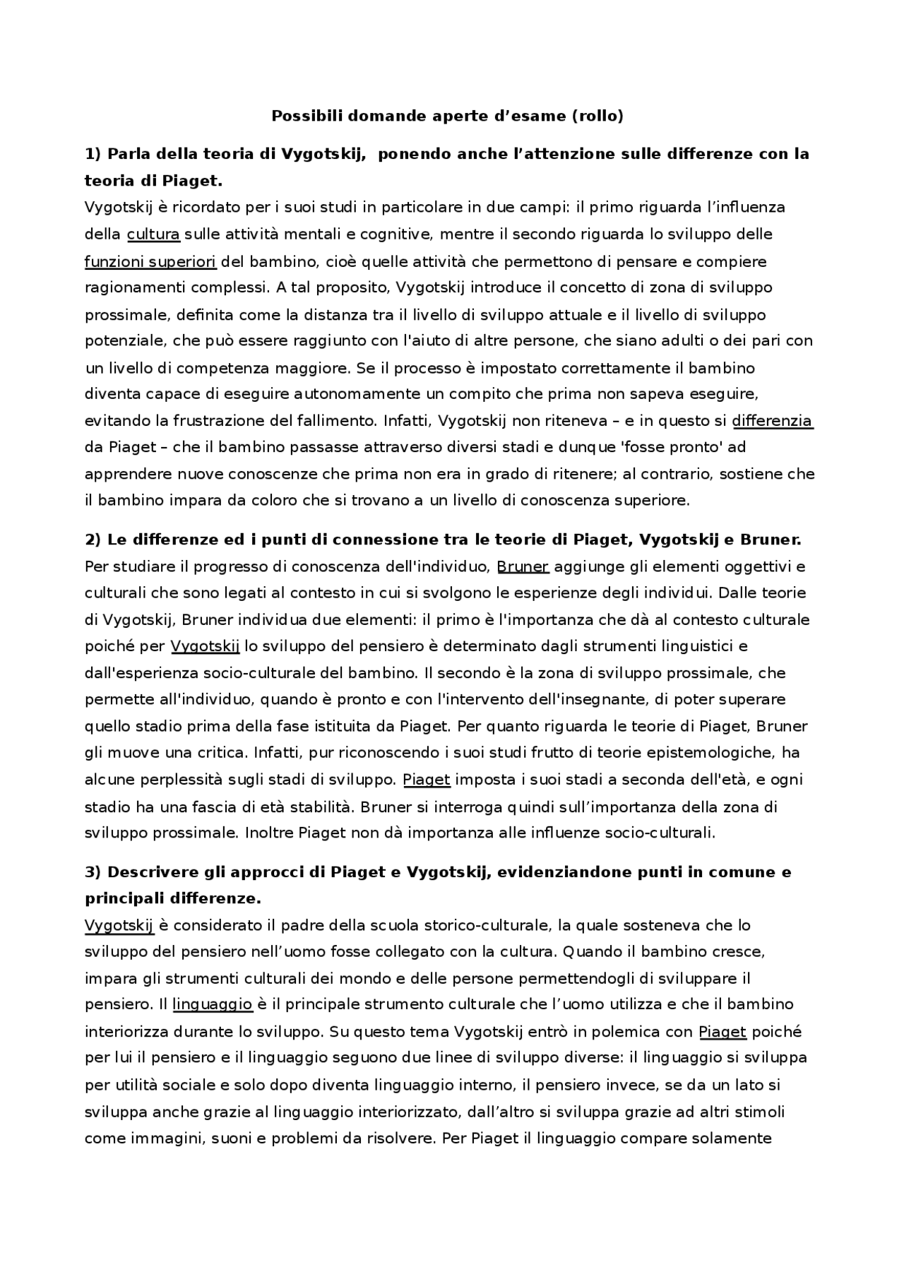Lista Domande Desame Psicologia Dello Sviluppo Rollo E Corsano Docsity