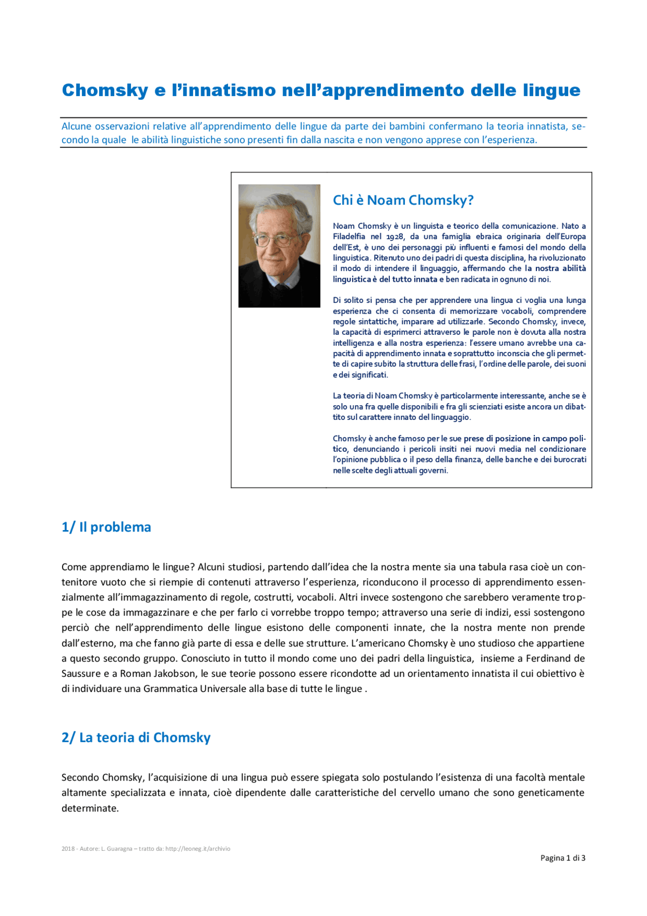 Noam Chomsky e l'innatismo nello studio dell'apprendimento delle lingue ...