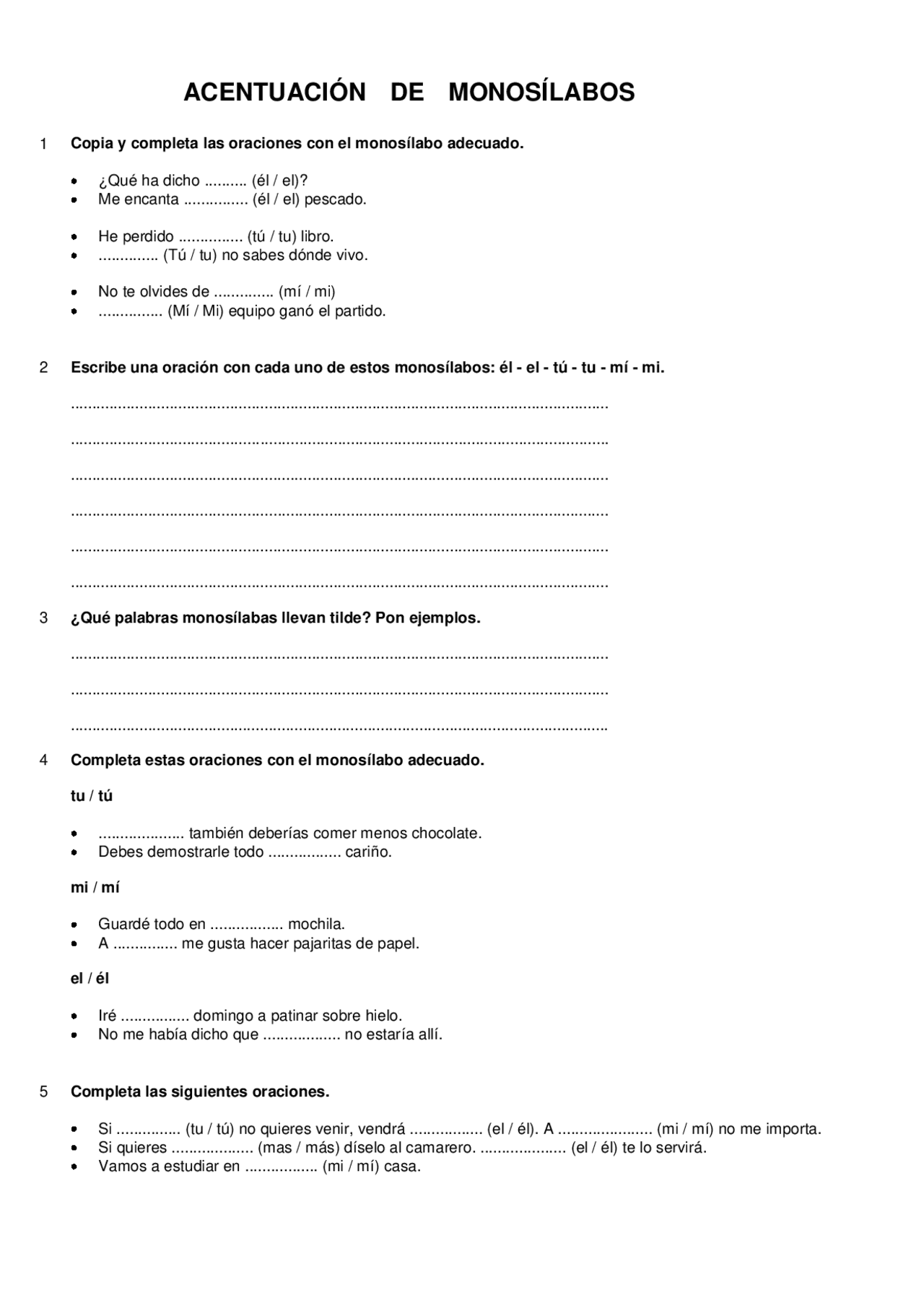 Acentuación de monosílabos | Ejercicios de Lengua y Literatura | Docsity