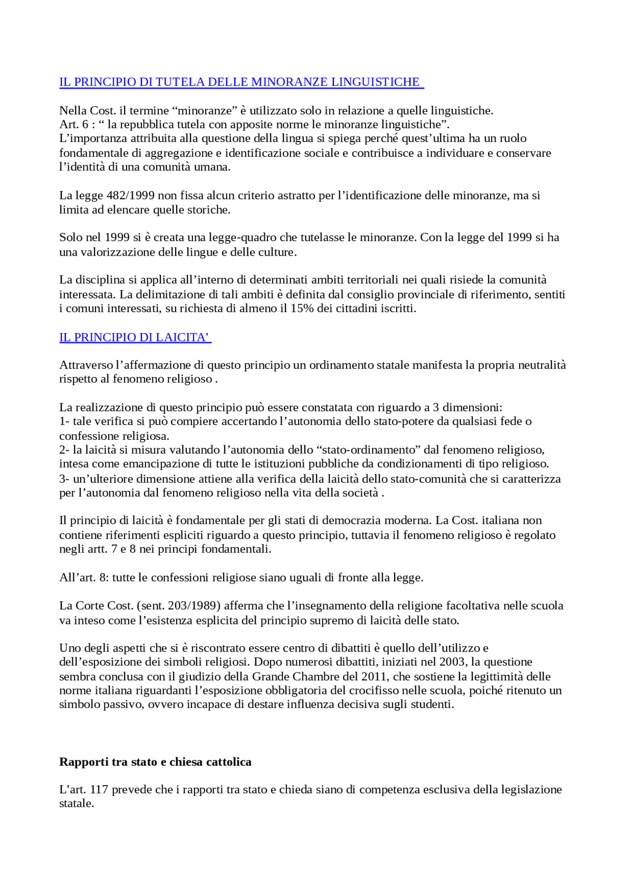 Principio di tutela delle minoranze linguistiche - Docsity