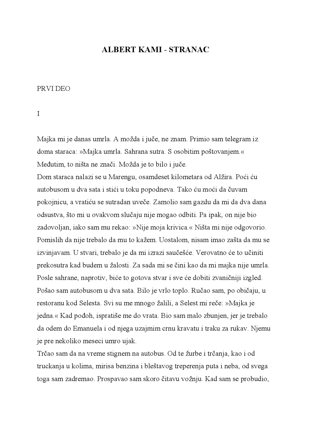 Albert kami stranac lektira | Beleške' predlog Matematika - Docsity