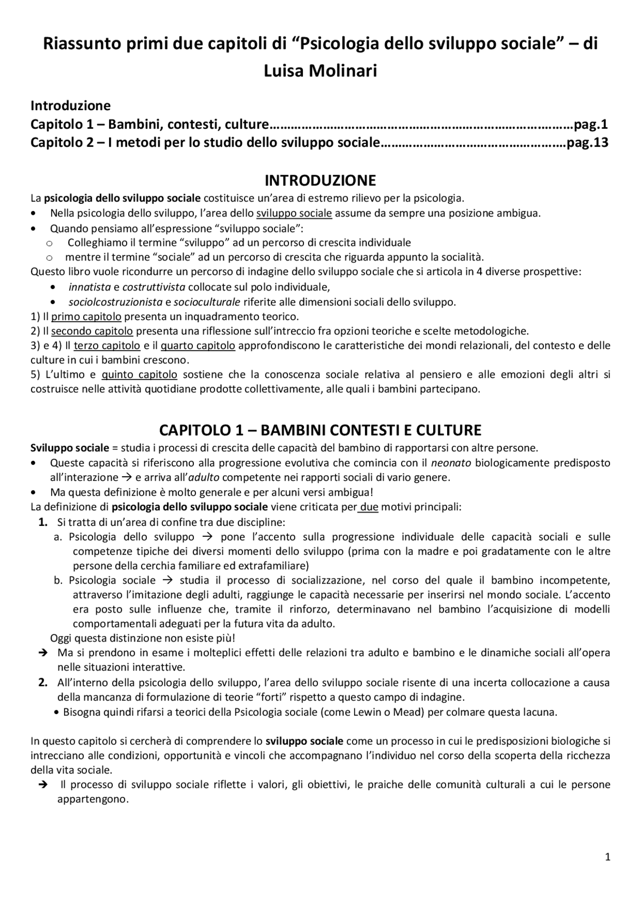 Riassunto Psicologia Dello Sviluppo Sociale Primi Due Capitoli Docsity