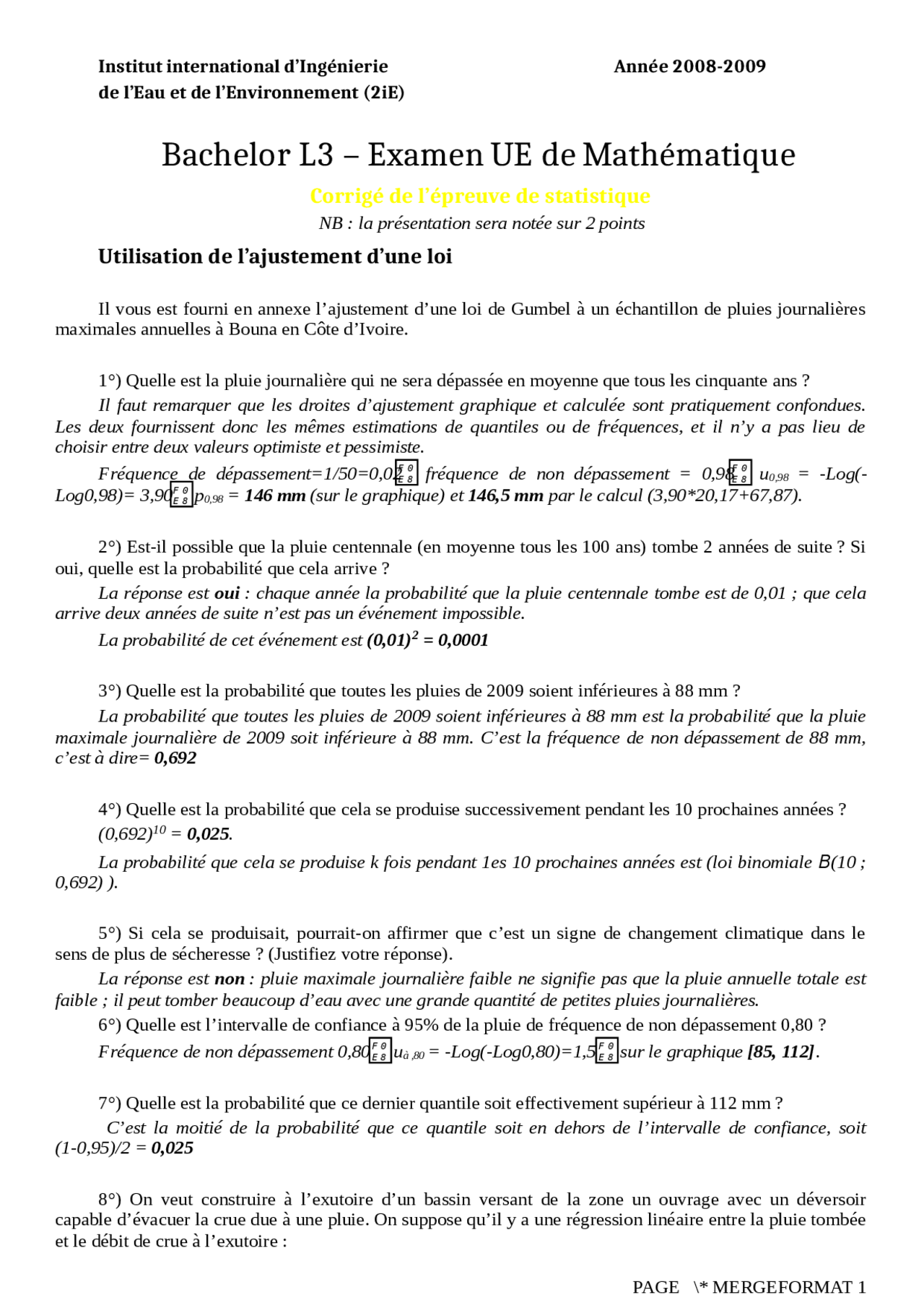 Corrigé s'exercices dur la statistique | Exercises Statistics | Docsity