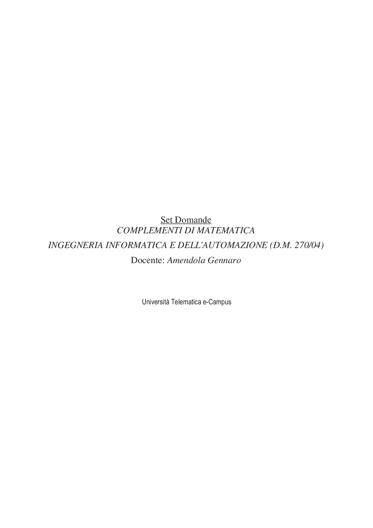 Set Domande Di Complementi Di Matematica Prof Amendola Ecampus Docsity