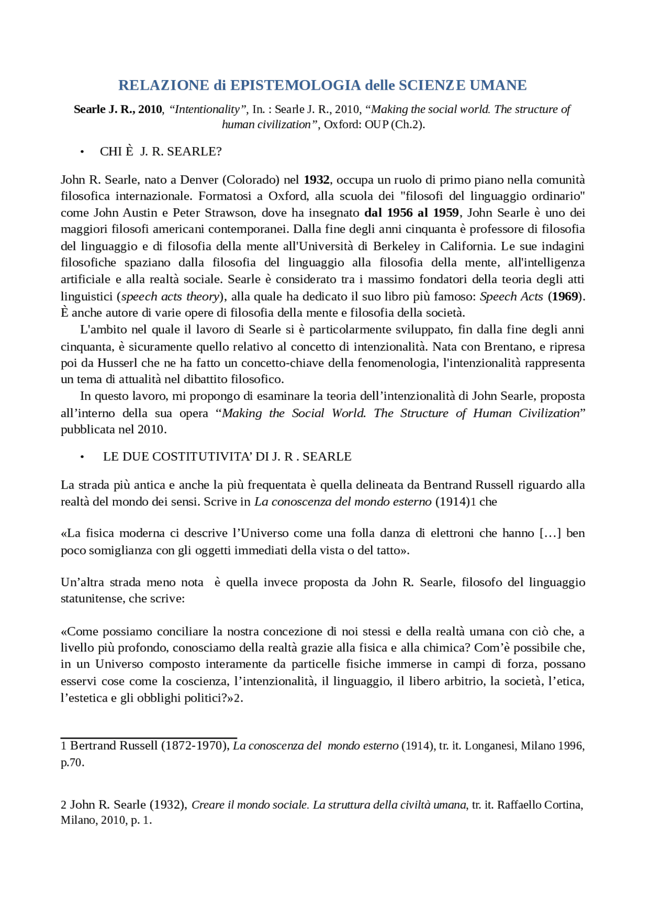 Epistemologia Delle Scienze Umane Searle Riassunto Creare Un Mondo