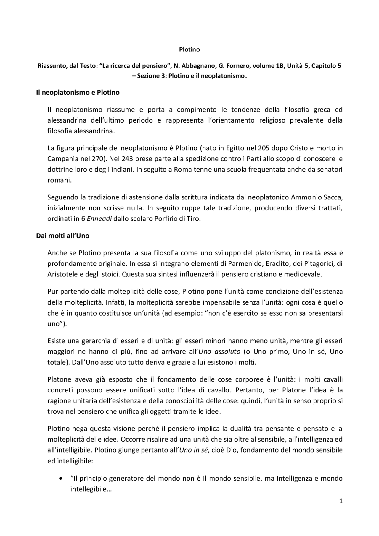 Plotino ed il neoplatonismo - Docsity