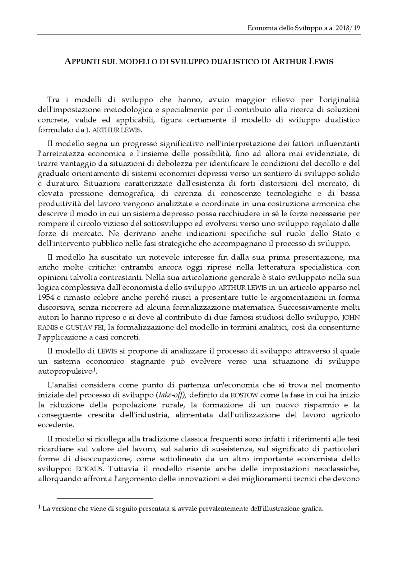 Analisi modello di lewis | Appunti di Economia Dello Sviluppo | Docsity