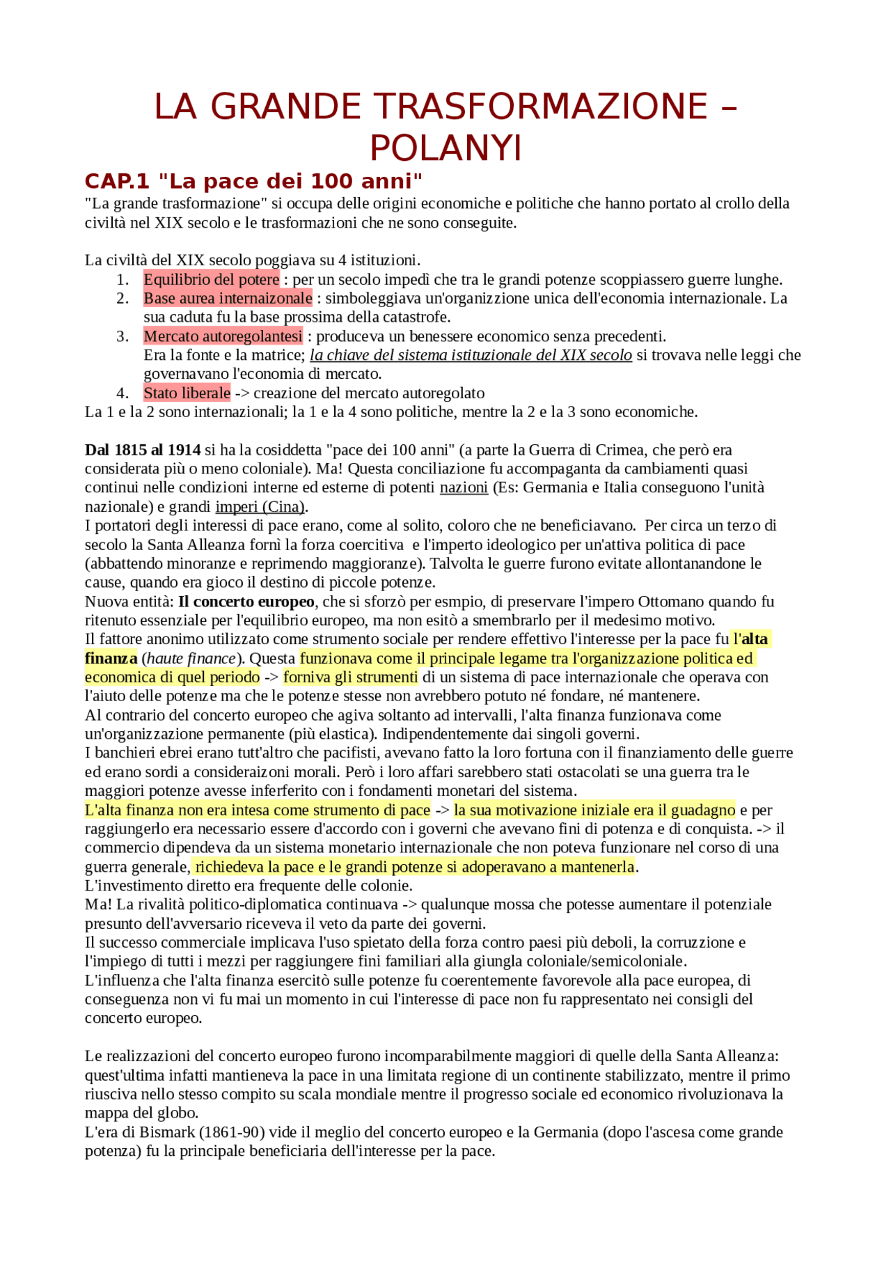 La Grande Trasformazione Polanyi Riassunto Docsity