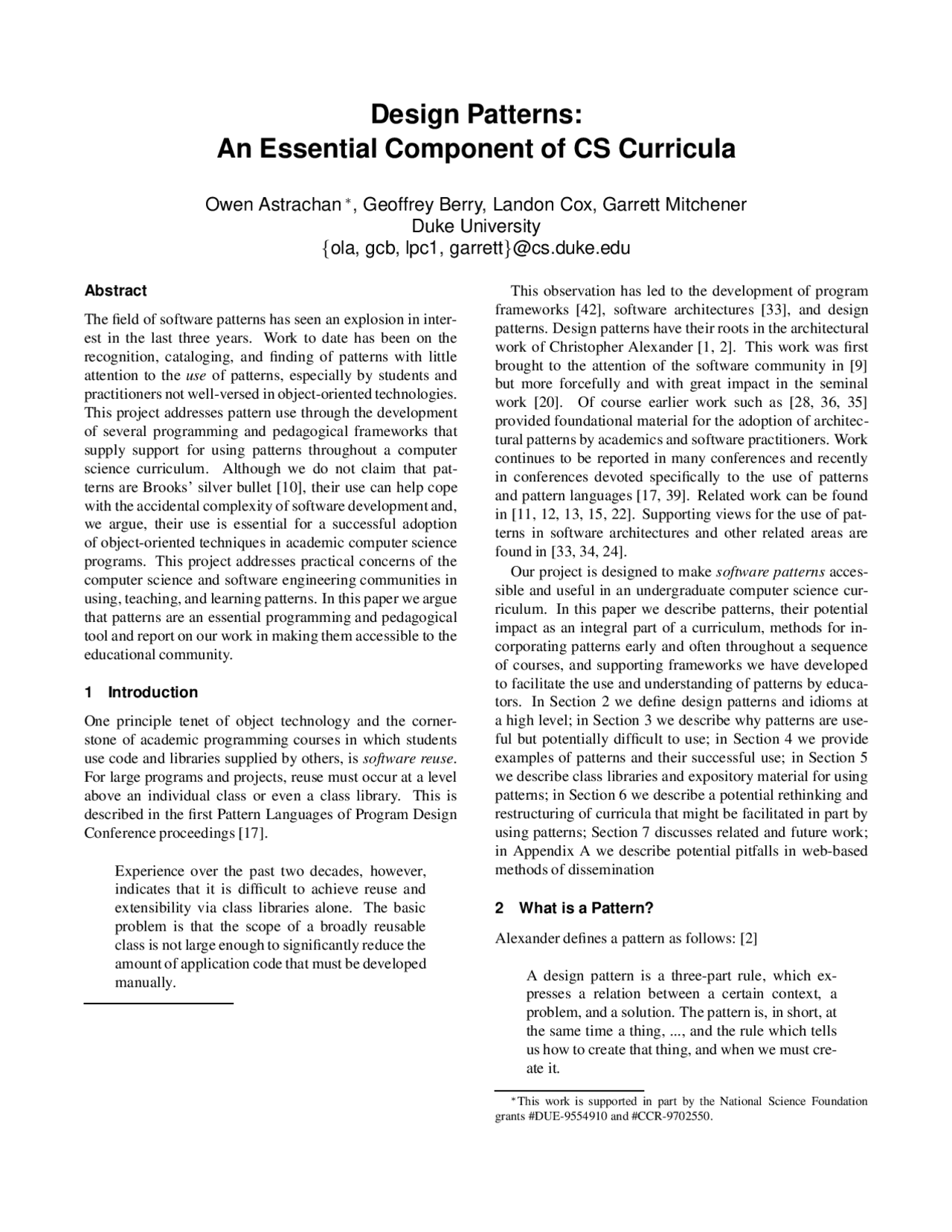 Design Patterns An Essential Component Of Cs Curricula 1998pdf Docsity