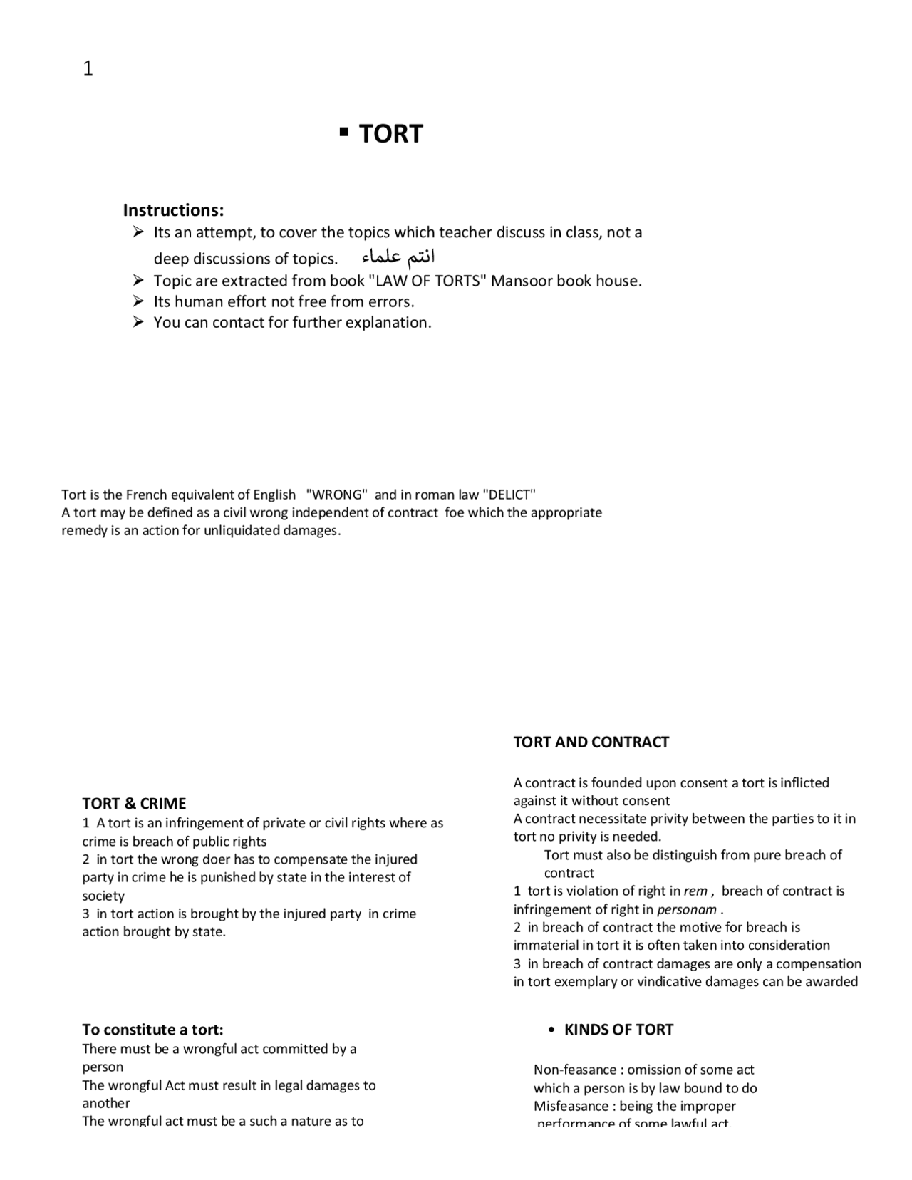 Law of tort General Concepts - Docsity