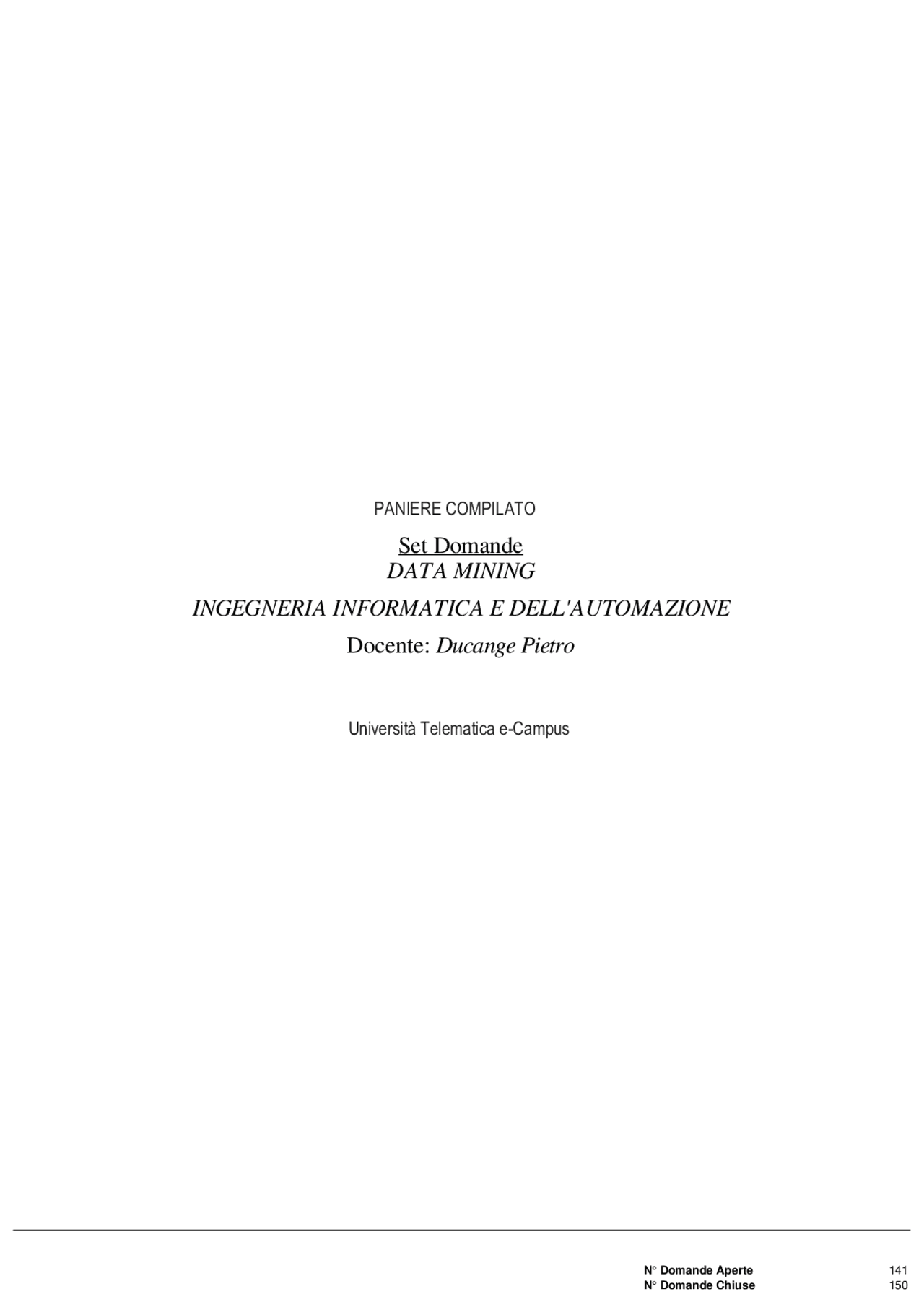 Paniere Compilato Di Data Mining Prof Ducange Ecampus Docsity