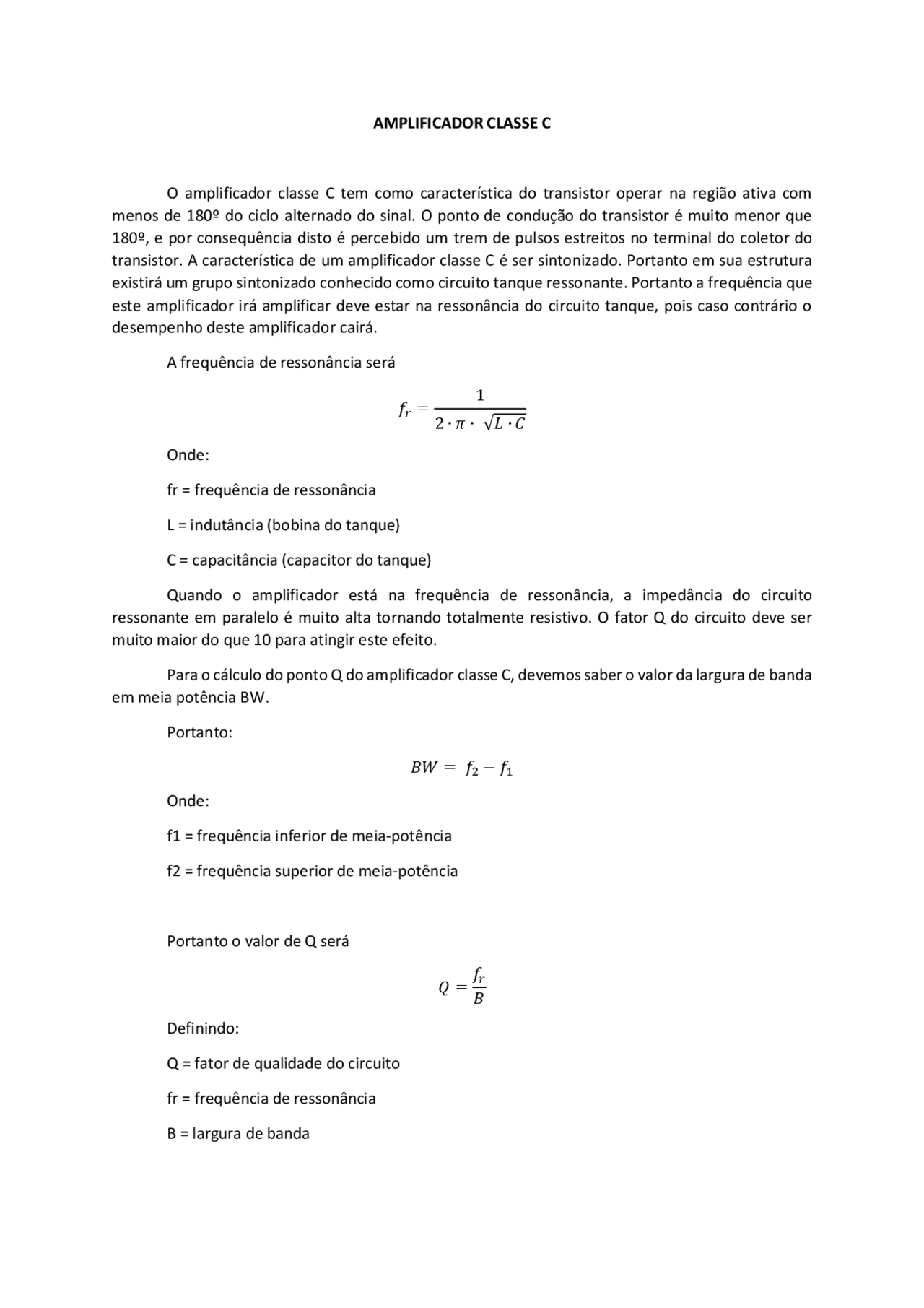 Amplificadores Classe C Manuais Projetos Pesquisas Física Docsity