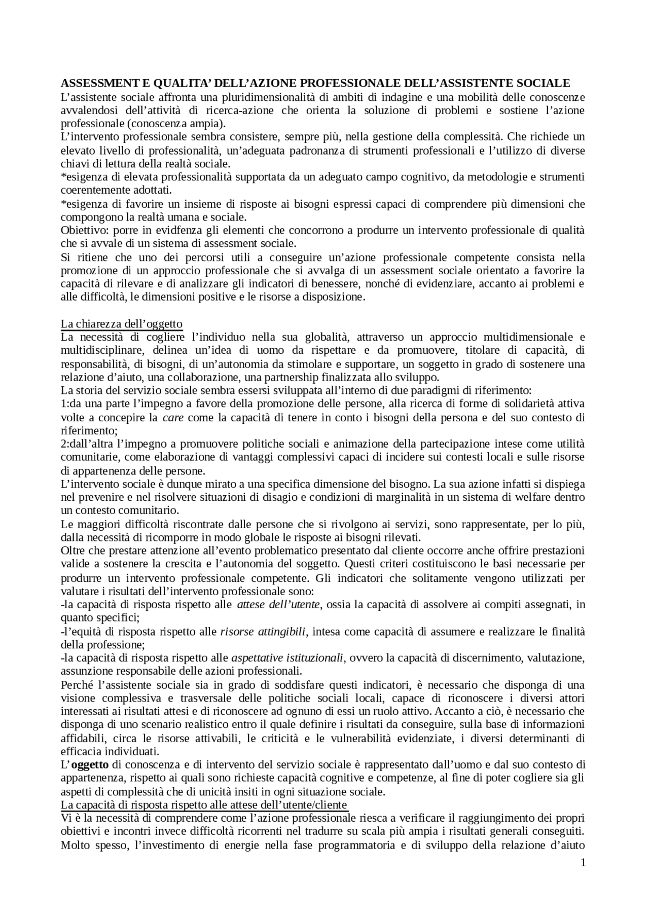 Assessment E Servizio Sociale Appunti Social Work Docsity