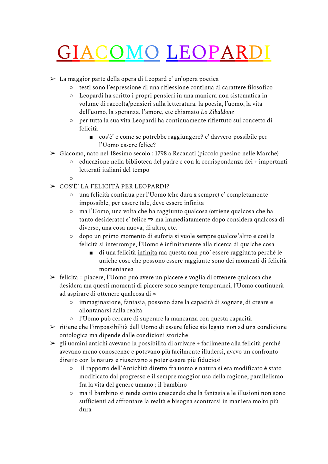 Appunti Introduttivi Giacomo Leopardi Docsity