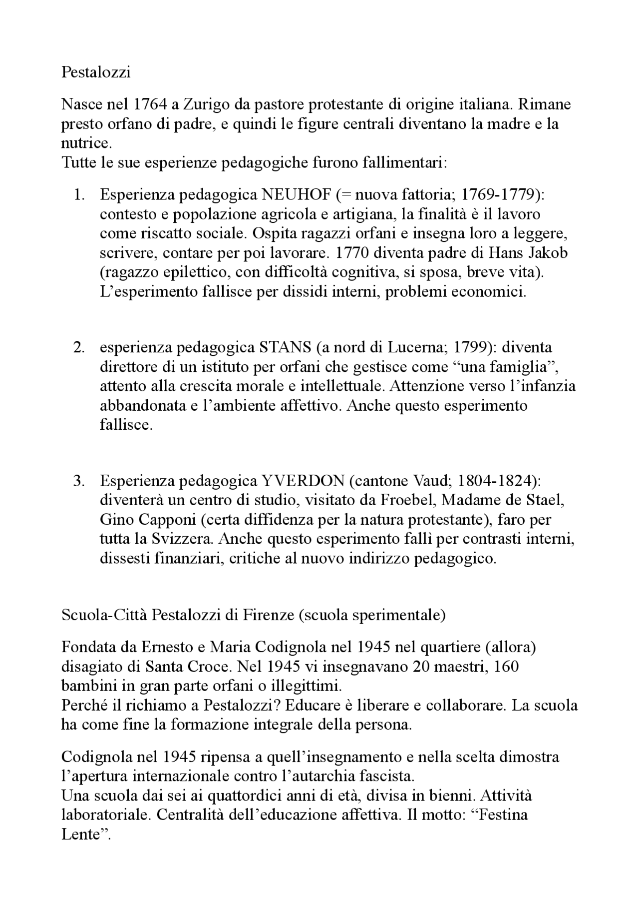 Storia Della Pedagogia Pestalozzi Docsity
