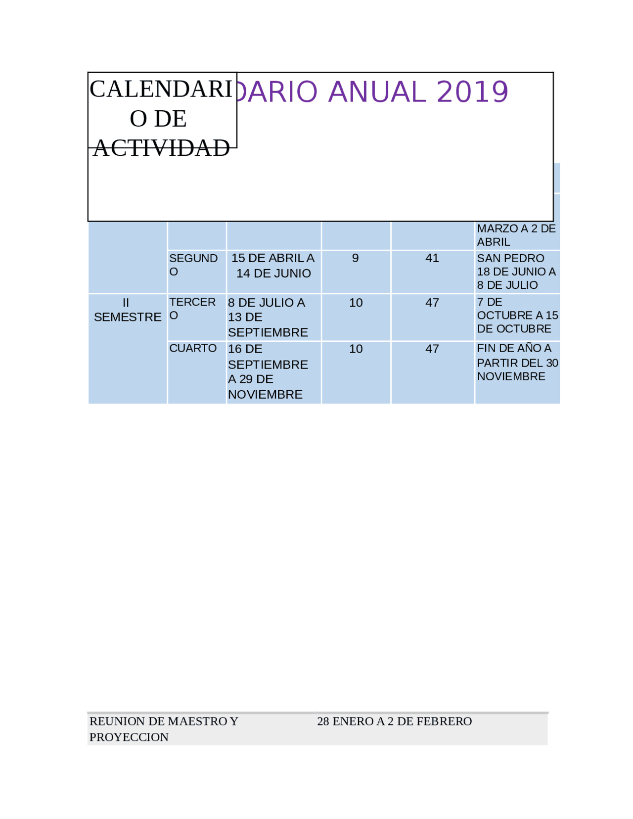 CALENDARIO ANUAL Y SEMESTRAL - Docsity
