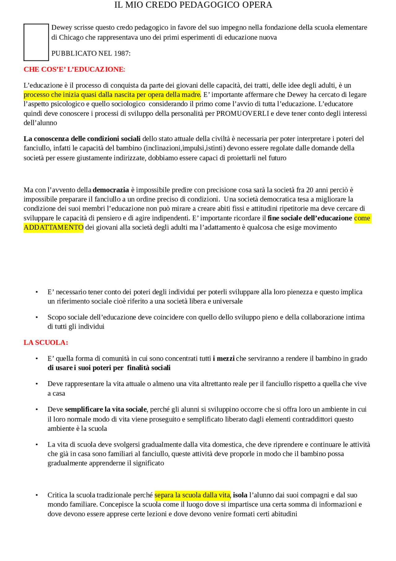 John Dewey Il Mio Credo Pedagogico Docsity