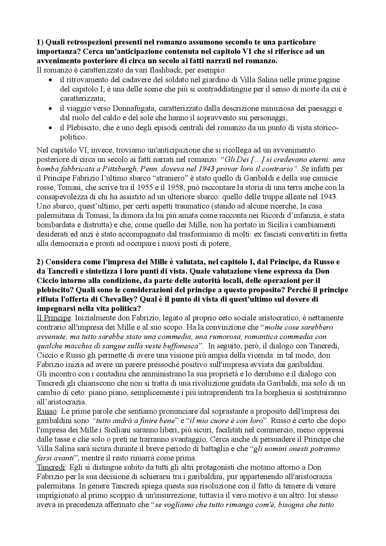 Il Gattopardo Di G Tomasi Di Lampedusa Appunti Docsity