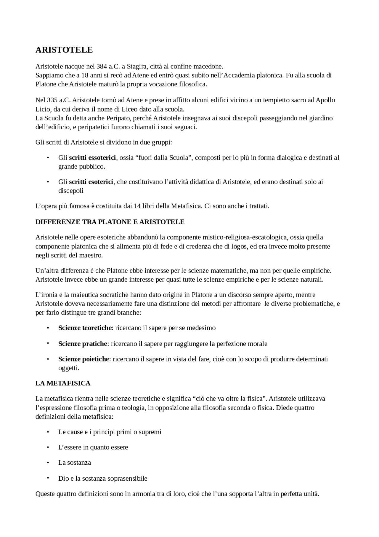Aristotele Metafisica Differenze Tra Aristotele E Platone Docsity