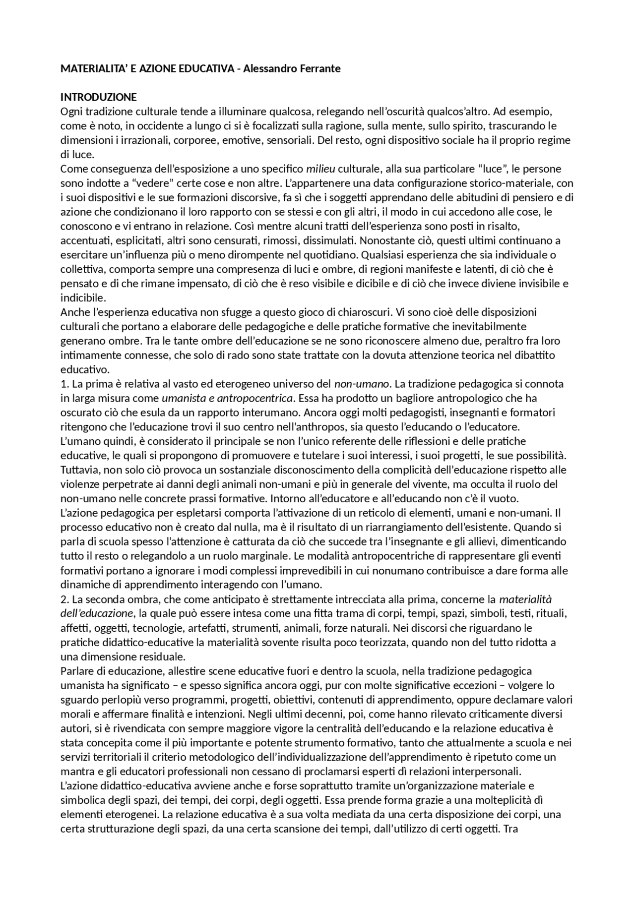 MATERIALITA' E AZIONE EDUCATIVA - Alessandro Ferrante - Docsity