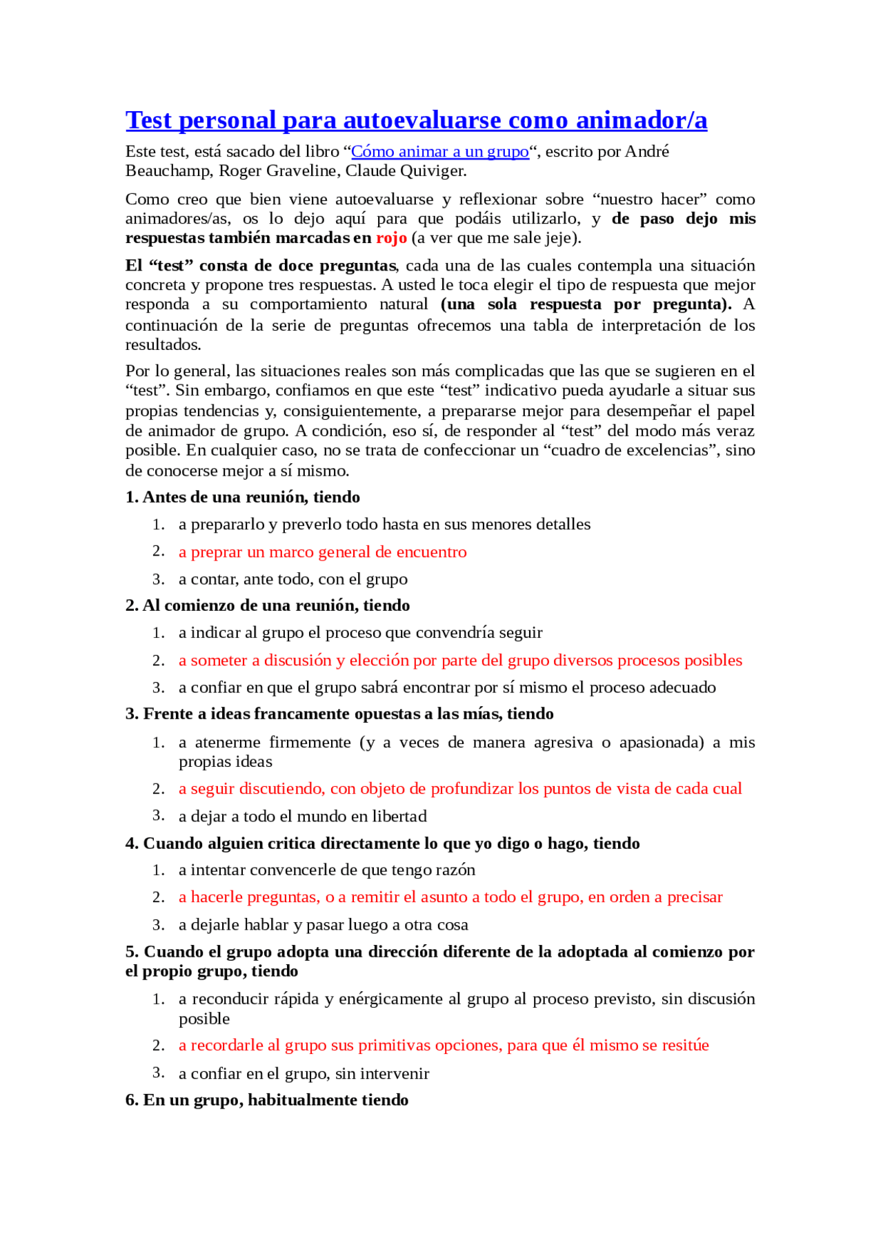 Test Autoevaluación Animador Ejercicios De Ciencias De La Educación