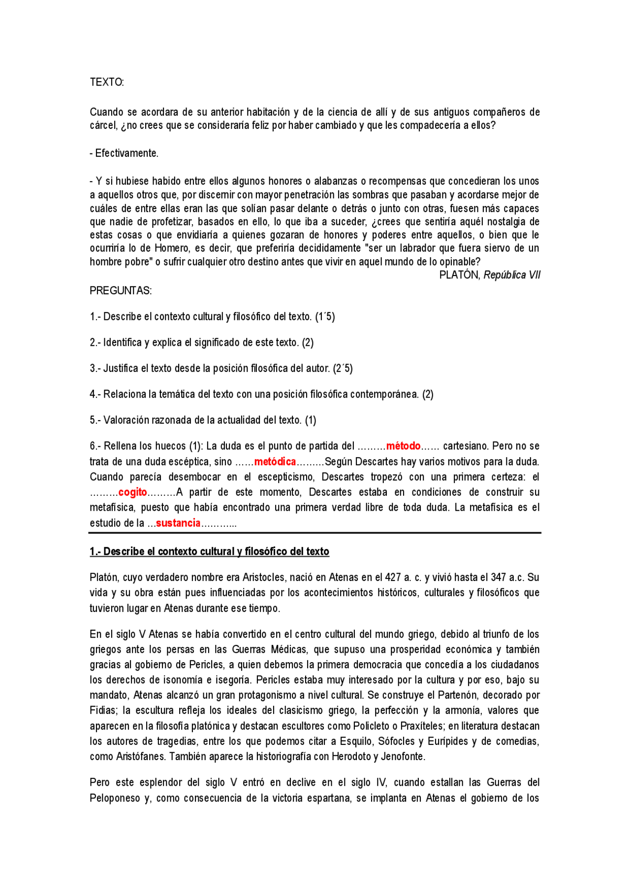 Platón Examen De Selectividad Exámenes Selectividad De Historia De La