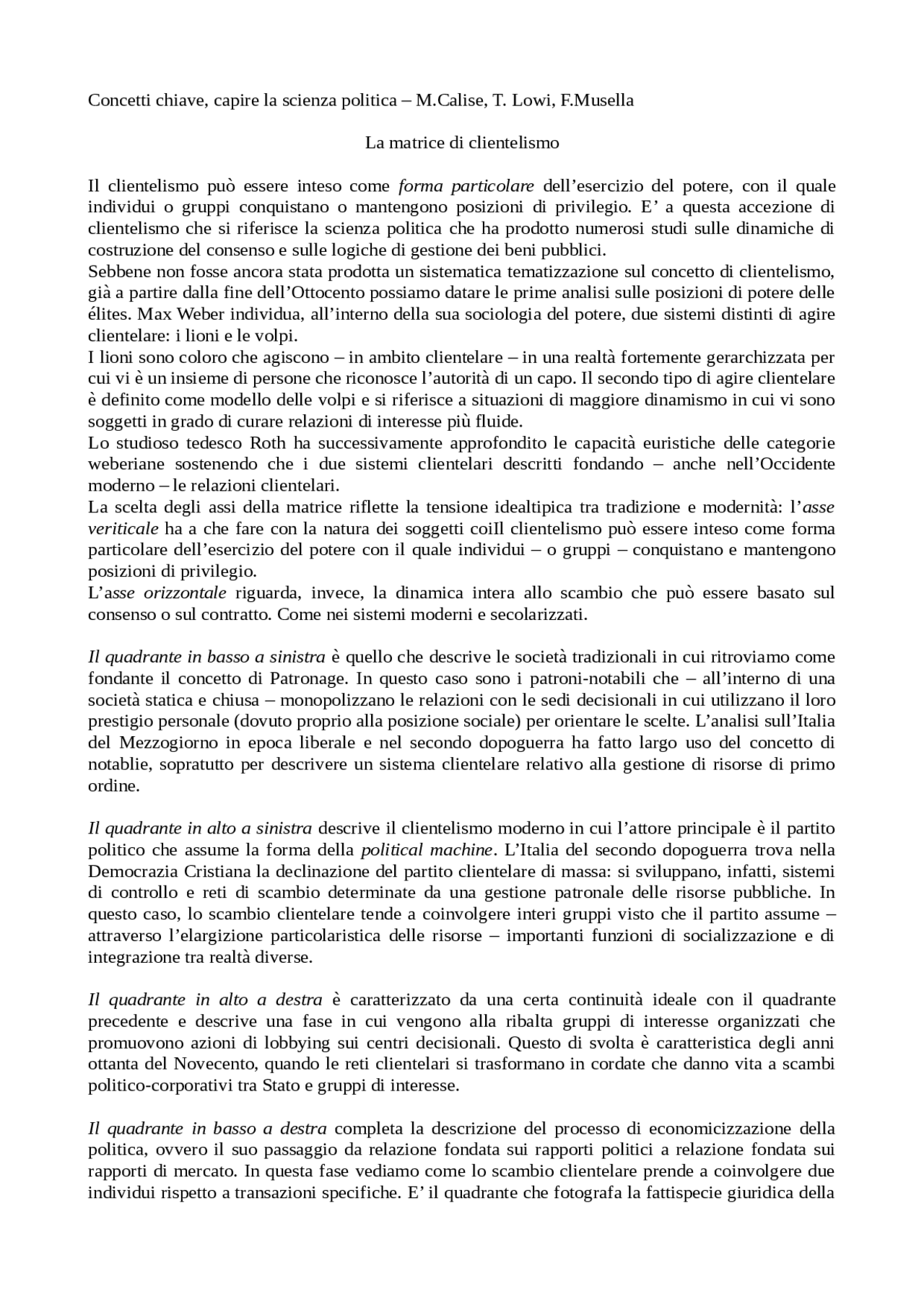 Riassunto Concetti Chiave Lowi Calise Sintesi Del Corso Di Scienza