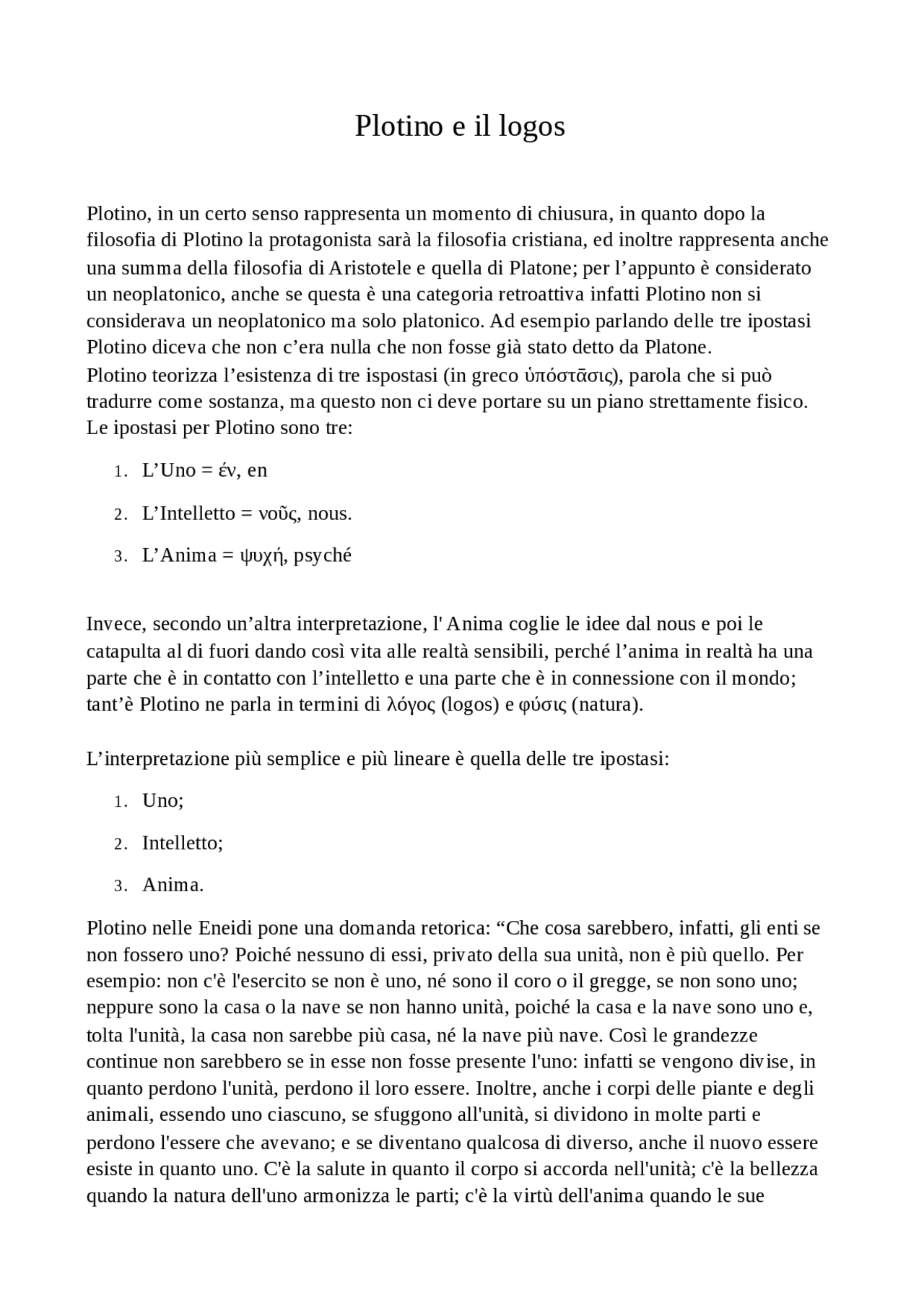 Plotino: il logos e le tre ipostatsi - Docsity