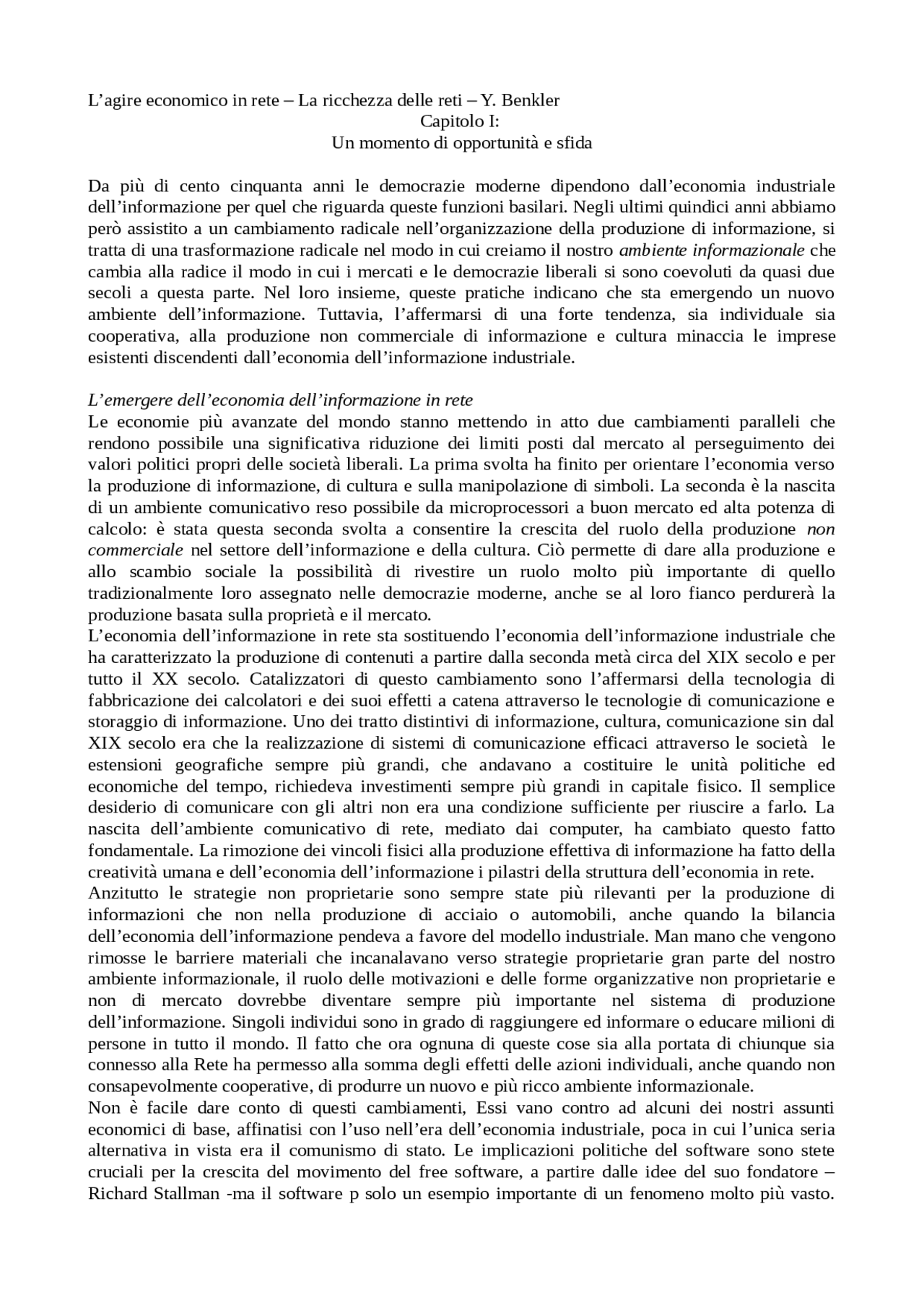 Riassunto La Ricchezza Delle Reti Benkler Docsity