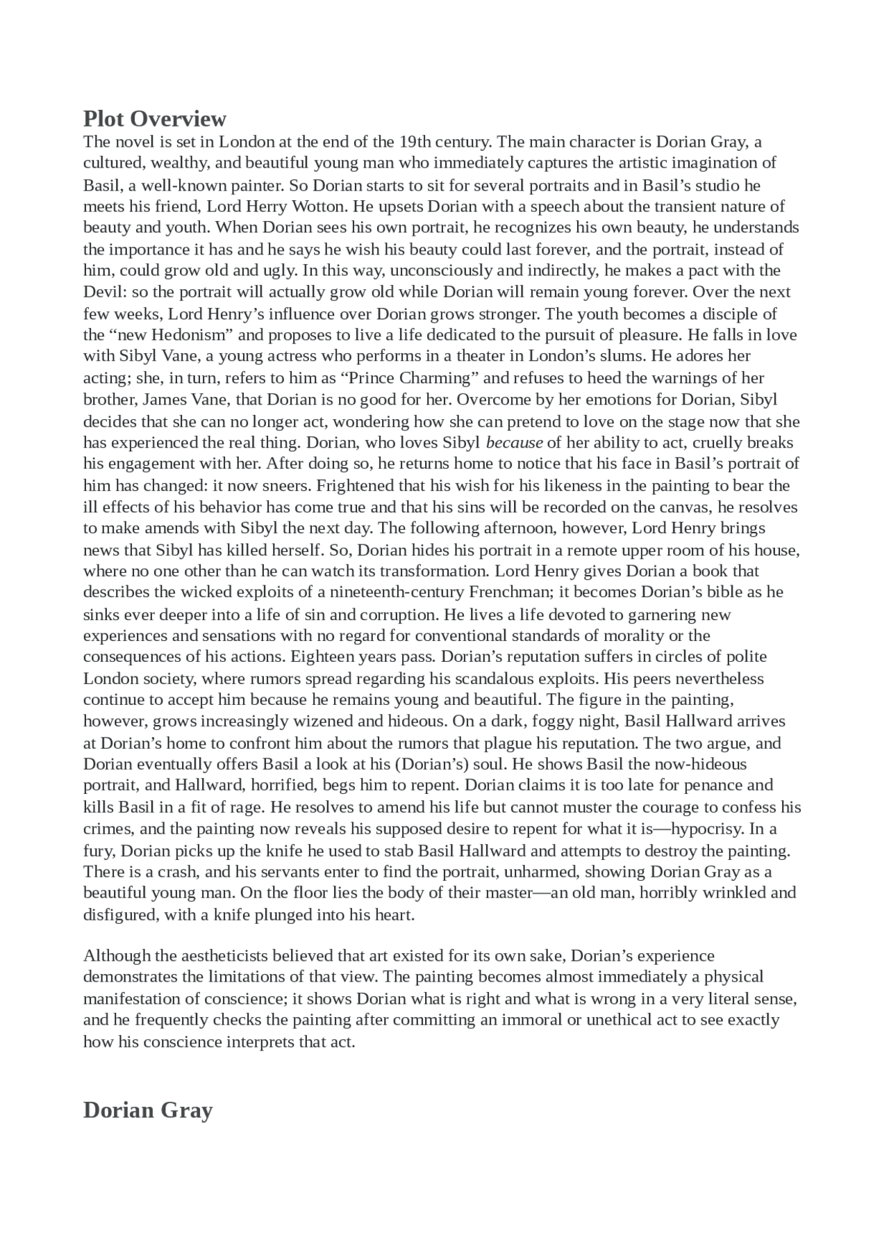 Analysis The Picture Of Dorian Gray Sintesi Del Corso Di Lingua