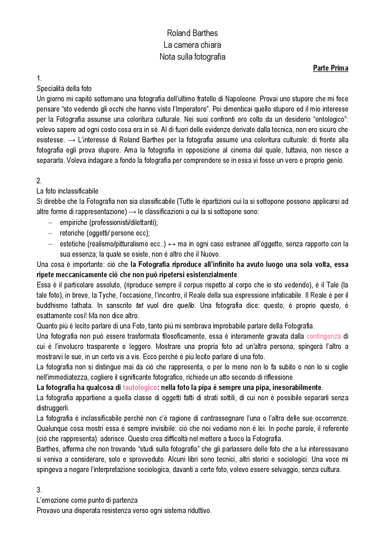La Camera Chiara Roland Barthes Docsity