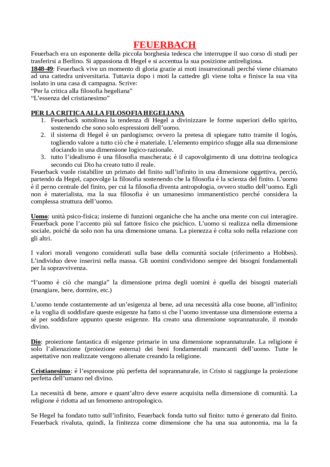 Feuerbach Pensiero E Vita Docsity