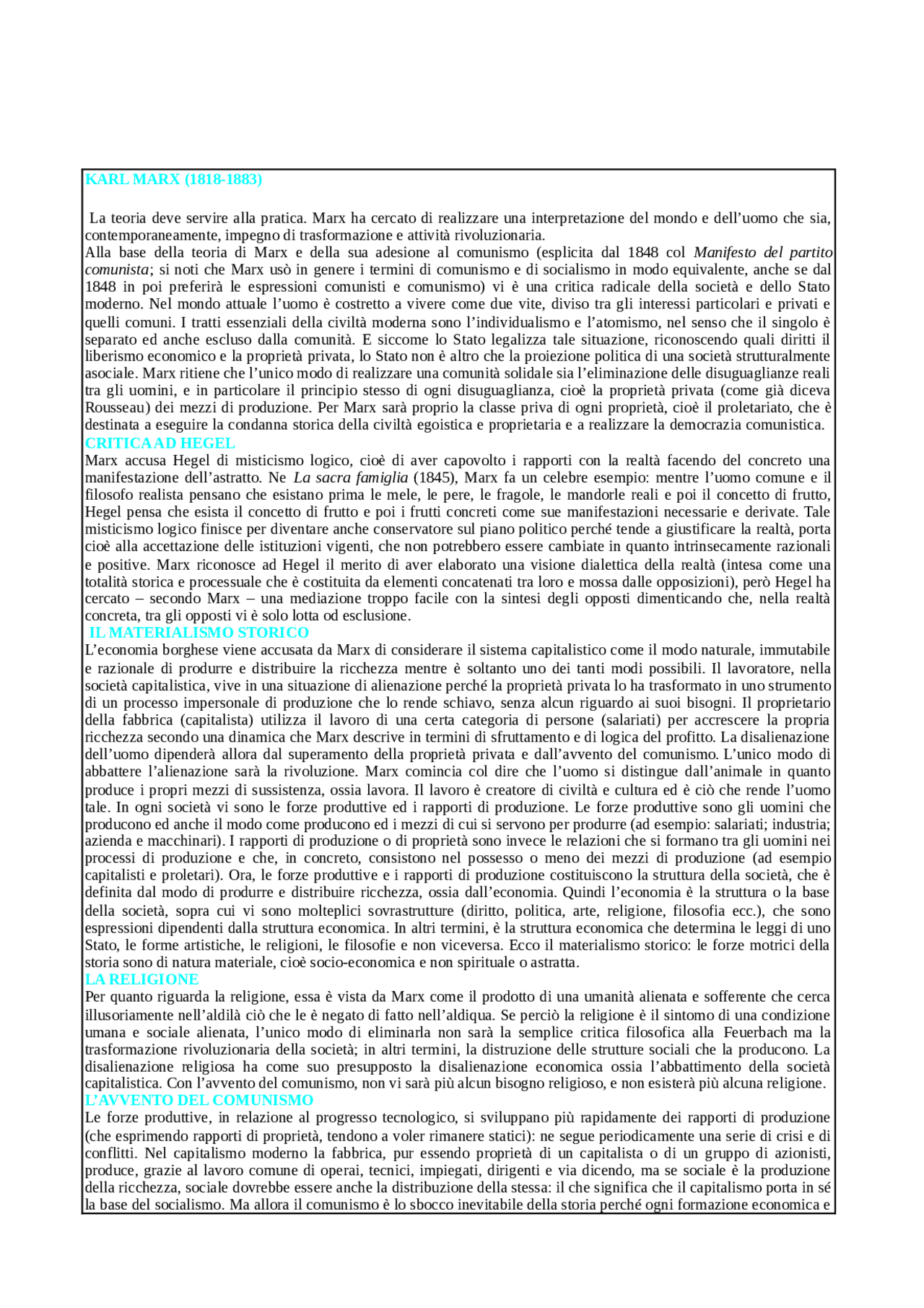 Sintesi Marx Liceo Delle Scienze Umane Docsity
