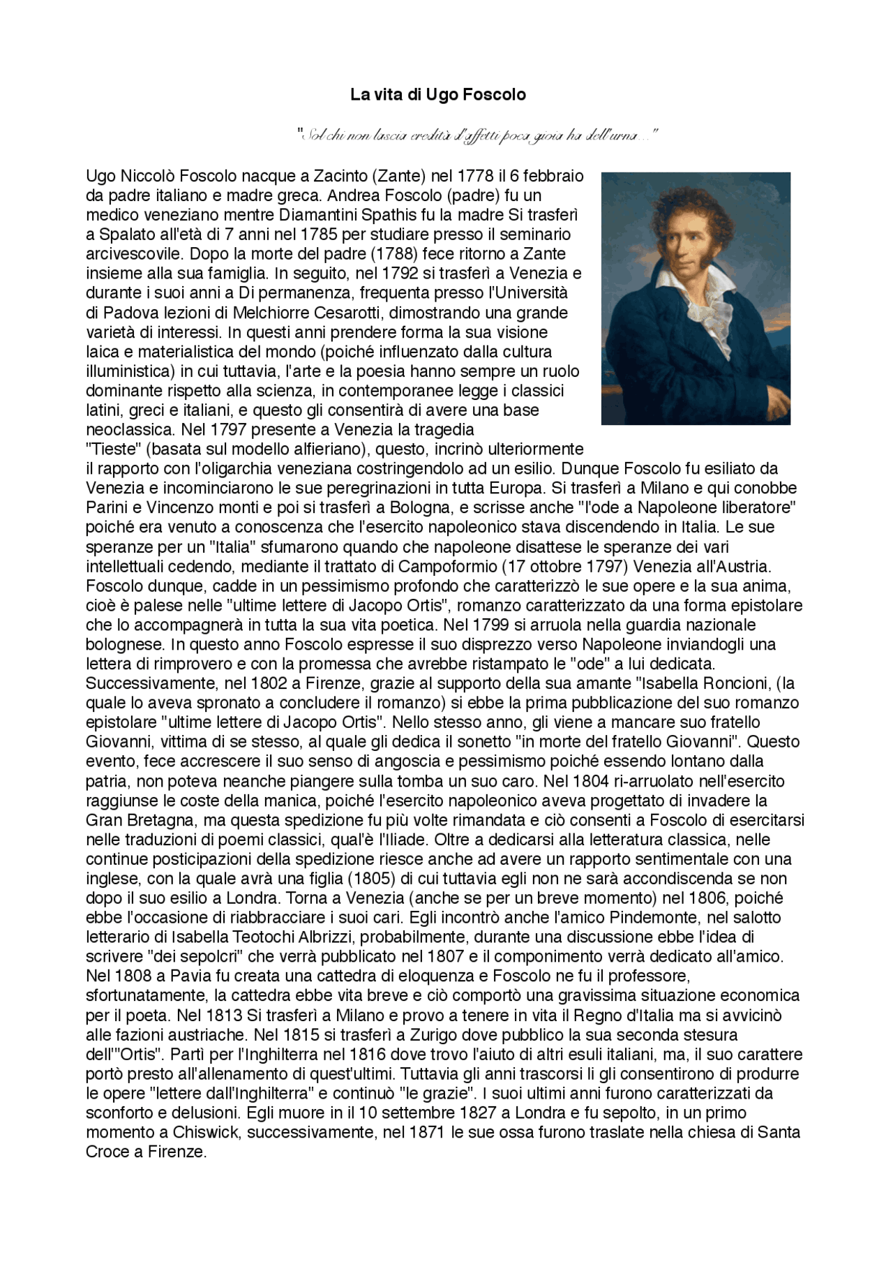Vita Di Ugo Foscolo Testo Compito Docsity