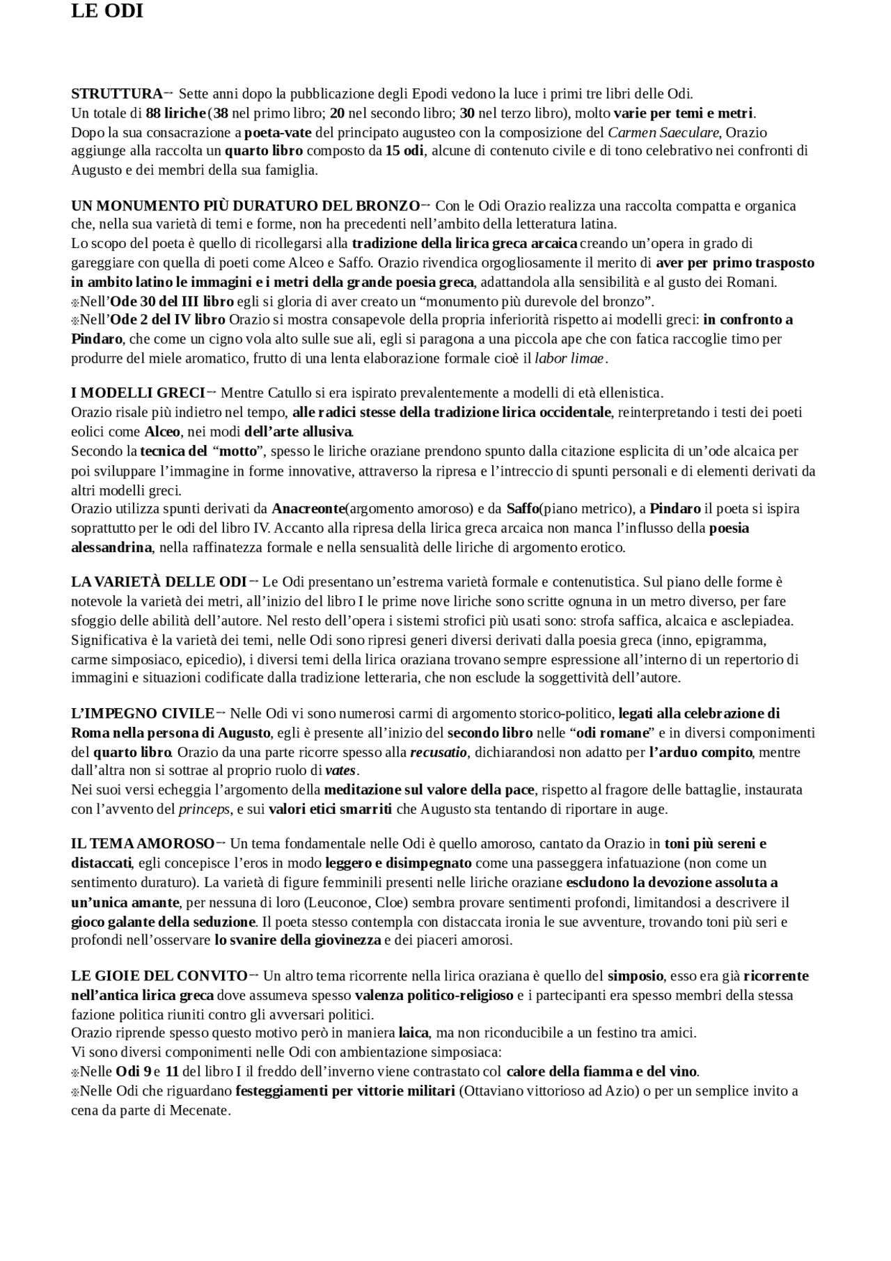 Orazio - Le Odi "scuola superiore" | Appunti di Latino - Docsity