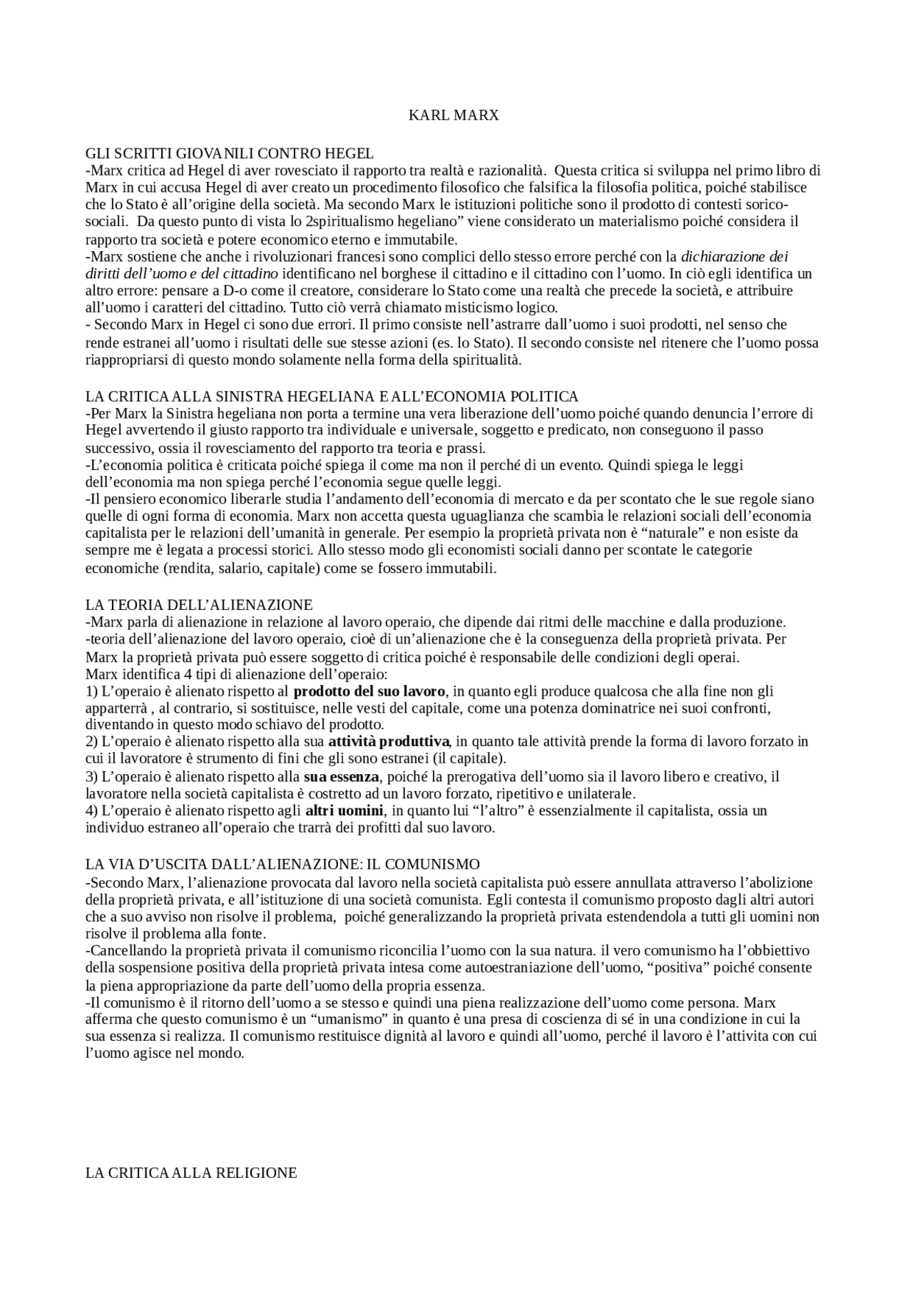 Karl Marx Riassunti Docsity