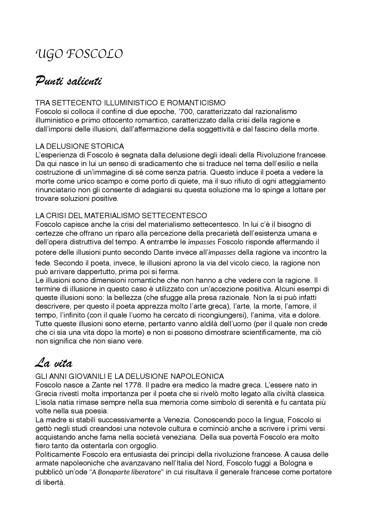 Appunti Sulla Vita Di Ugo Foscolo Docsity