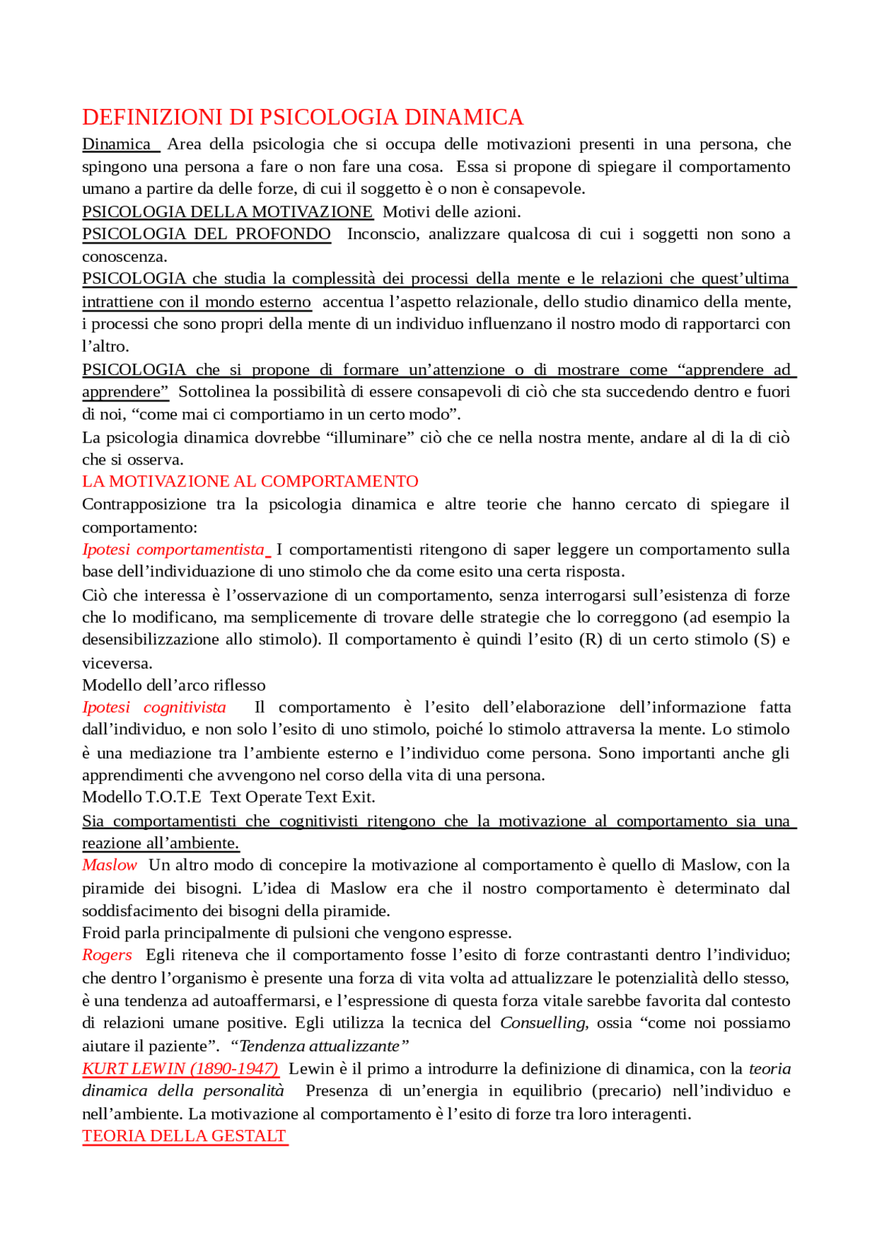 Appunti Psicologia Dinamica Prima Parte Docsity