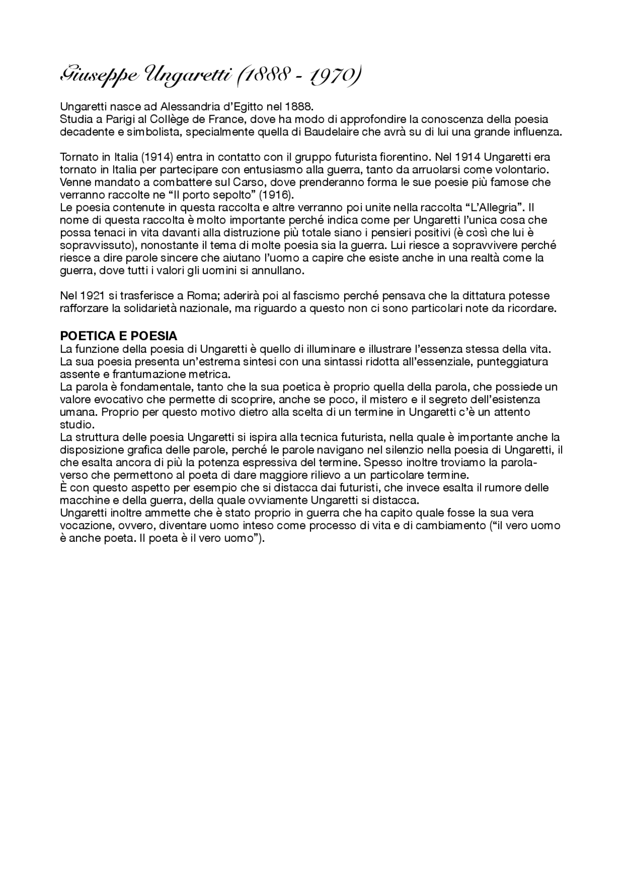 Giuseppe Ungaretti Vita E Poetica Appunti Docsity