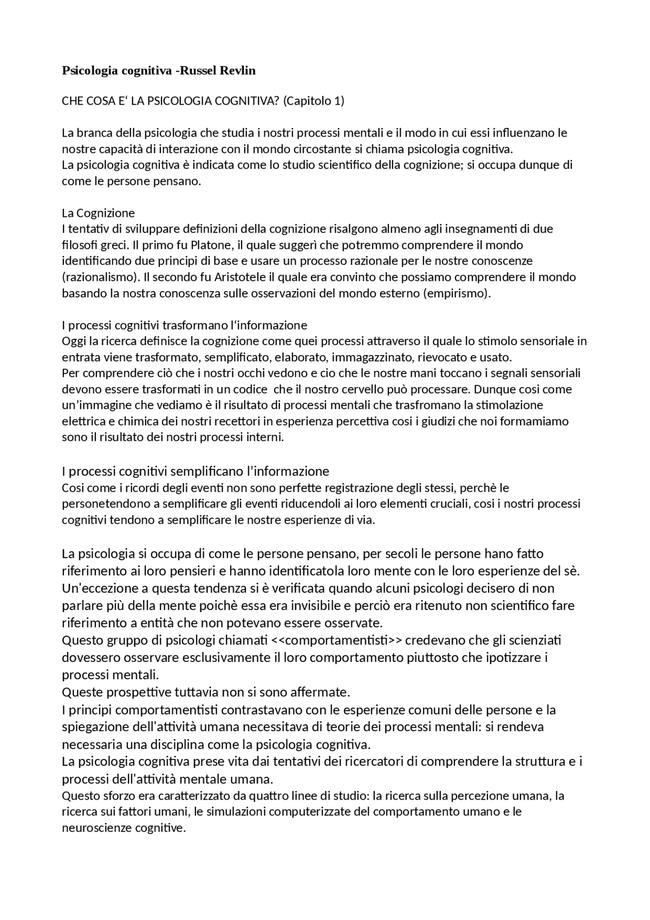 La Psicologia Cognitiva Di Russel Revlin Docsity