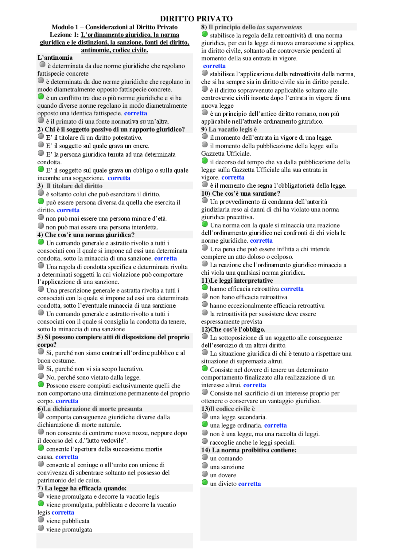 Prove Desame Scritto Diritto Privato Con Risposte Aggiornato A