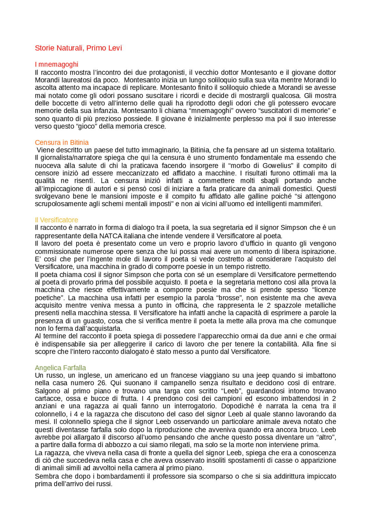 Storie Naturali Primo Levi Riassunto Docsity