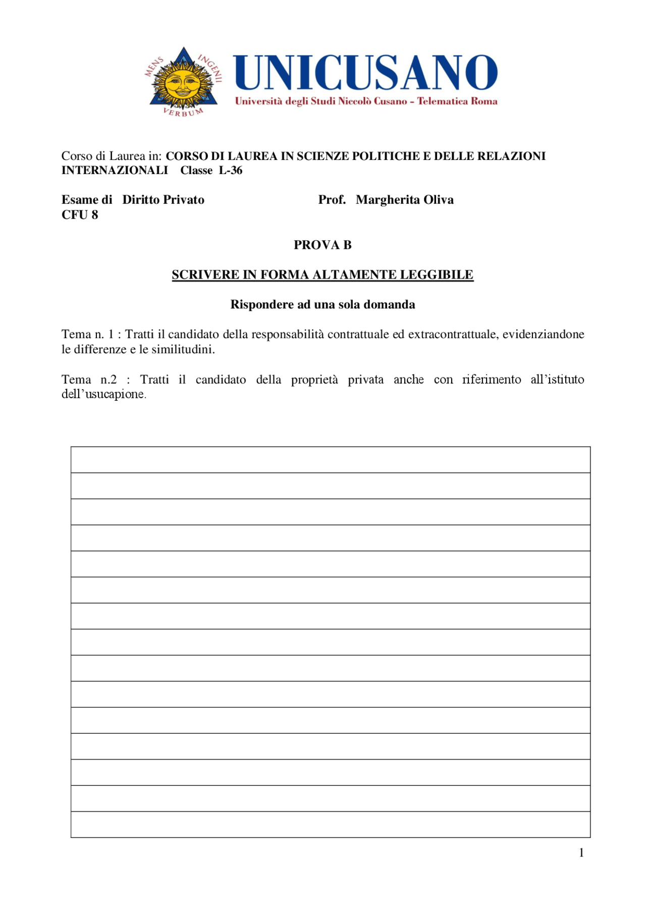 Prove Desame Scritto Diritto Privato Con Risposte Docsity