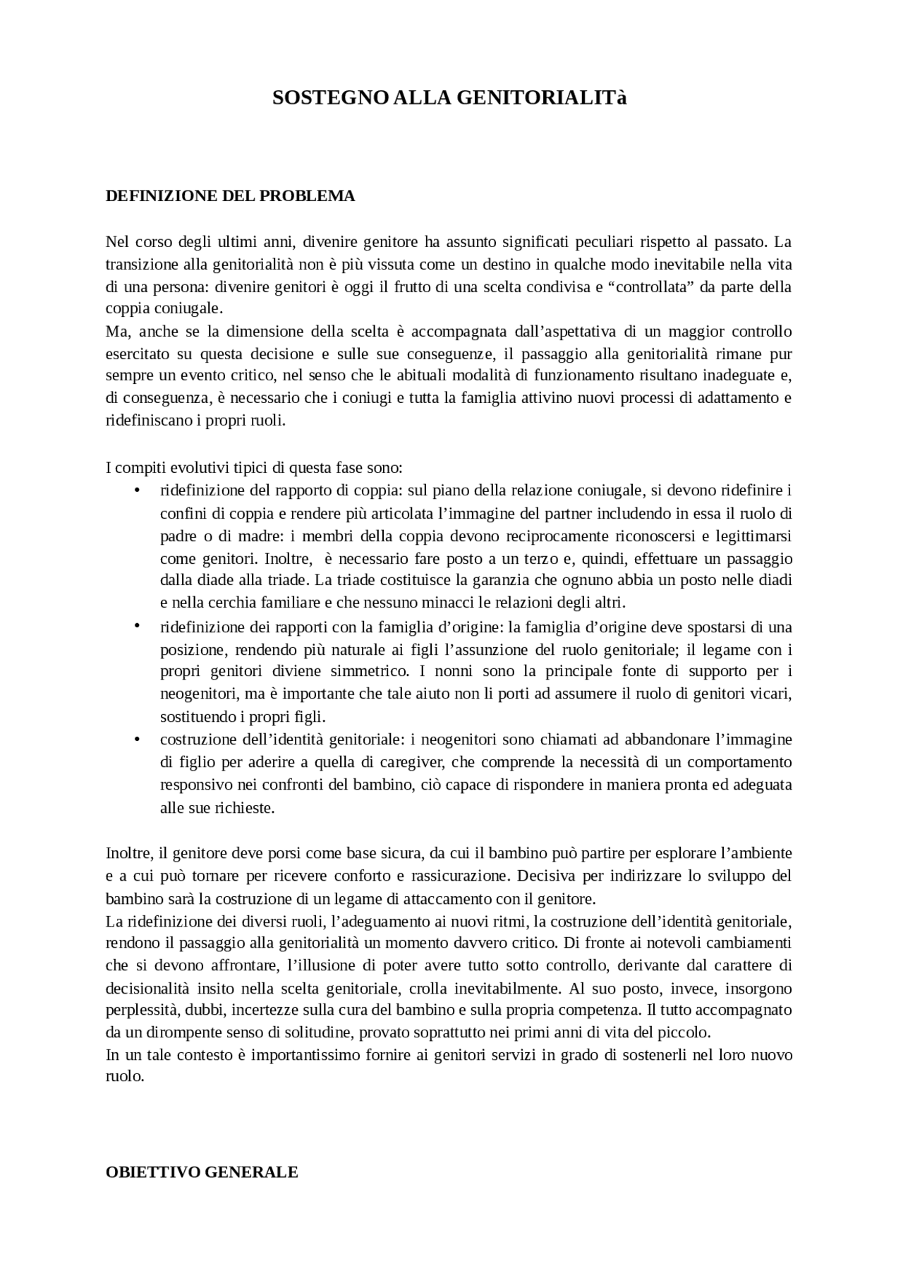 Progetto Sostegno Alla Genitorialità Docsity