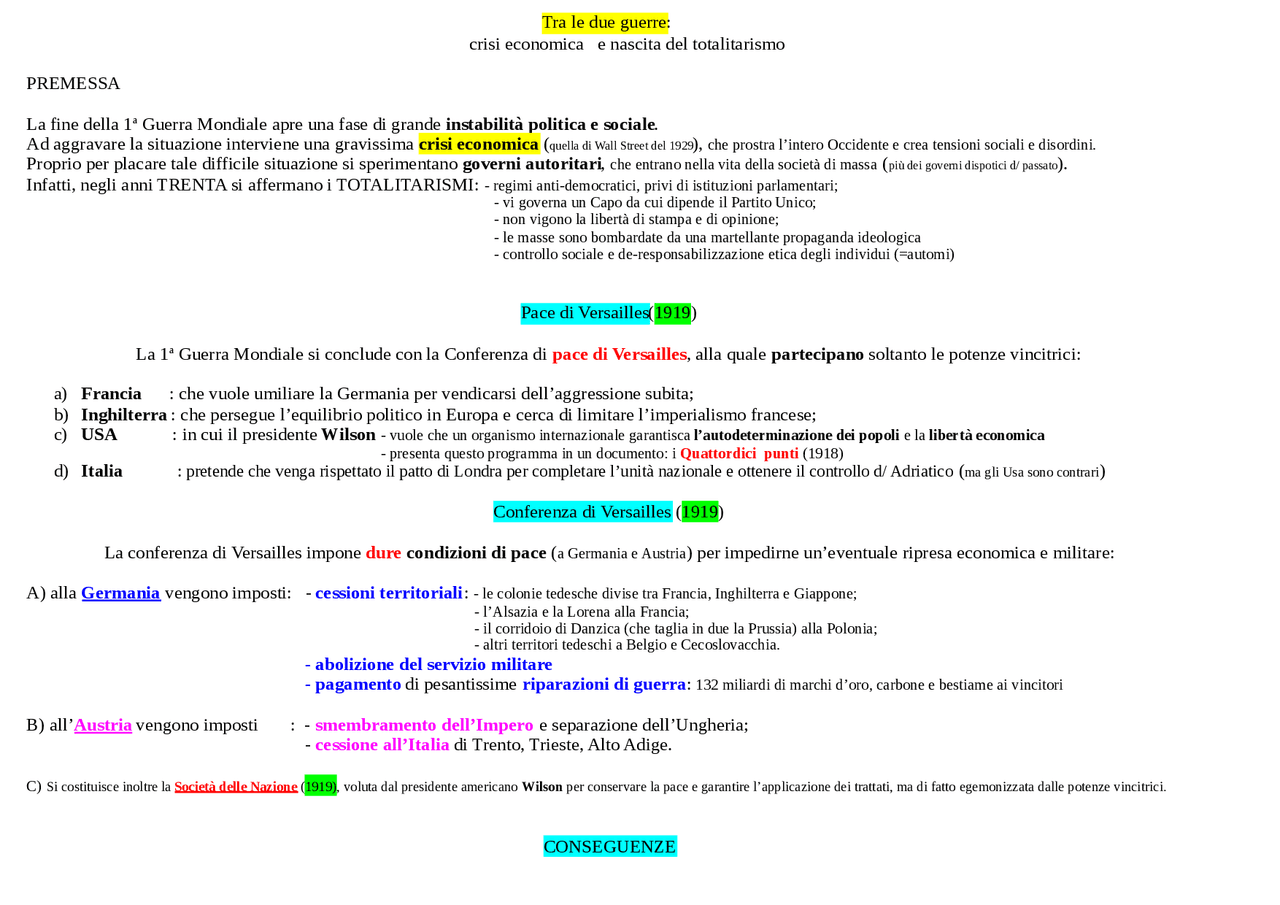 Tra Le Due Guerre Mondiali Principali Avvenimenti Docsity